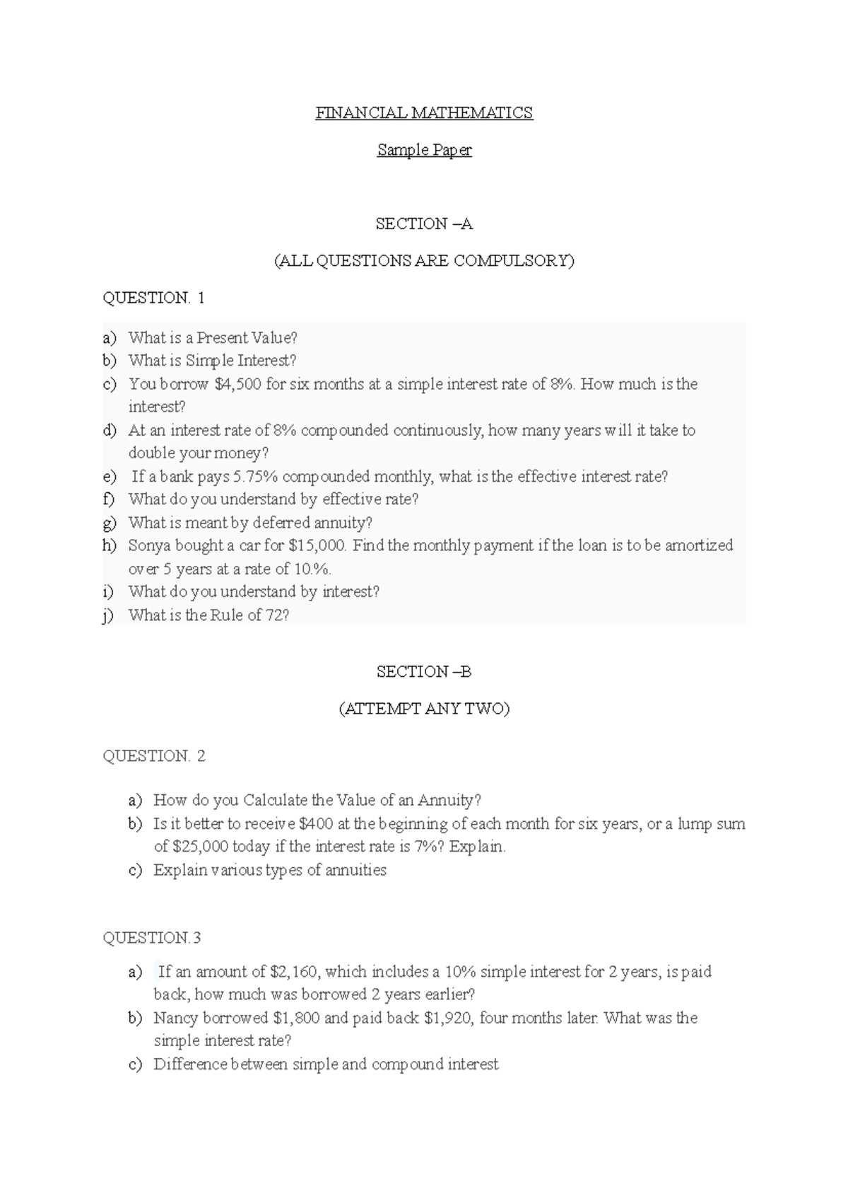 Financial Mathematic Practice SET - FINANCIAL MATHEMATICS Sample Paper ...