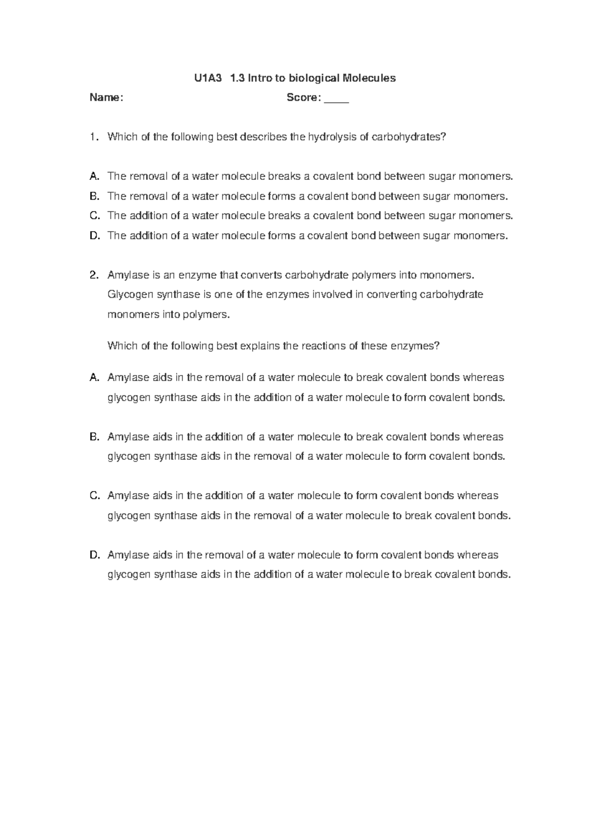 AP Biology Introduction to carbon based macromolecules - U1A31 Intro to ...