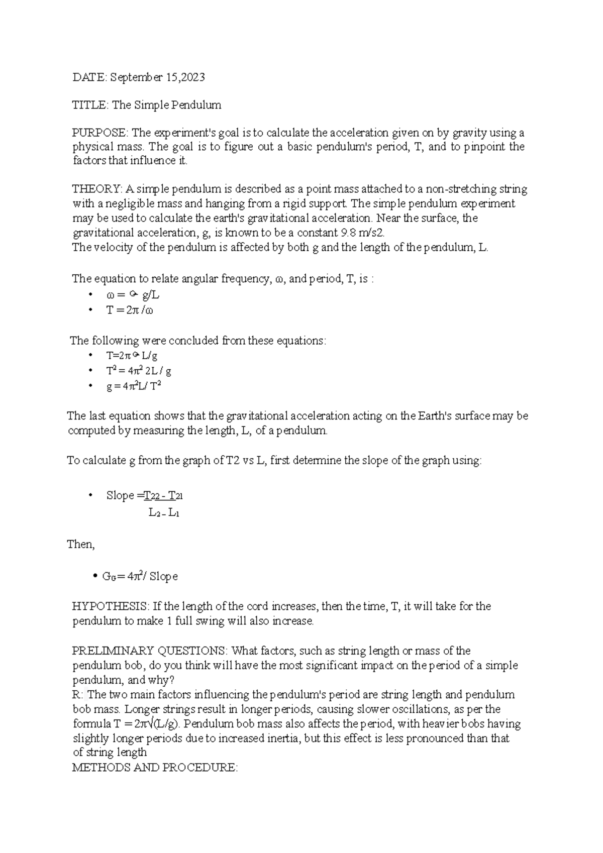 Physics Lab 123 - lab report - DATE: September 15, TITLE: The Simple ...
