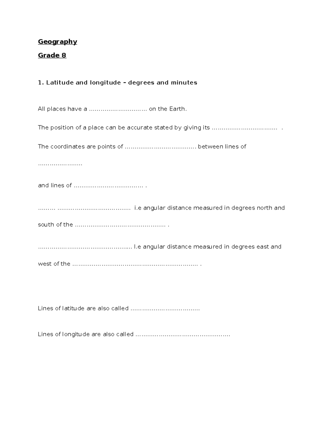Geography notes ch 1 - gr 8 geo - Geography Grade 8 1. Latitude and ...