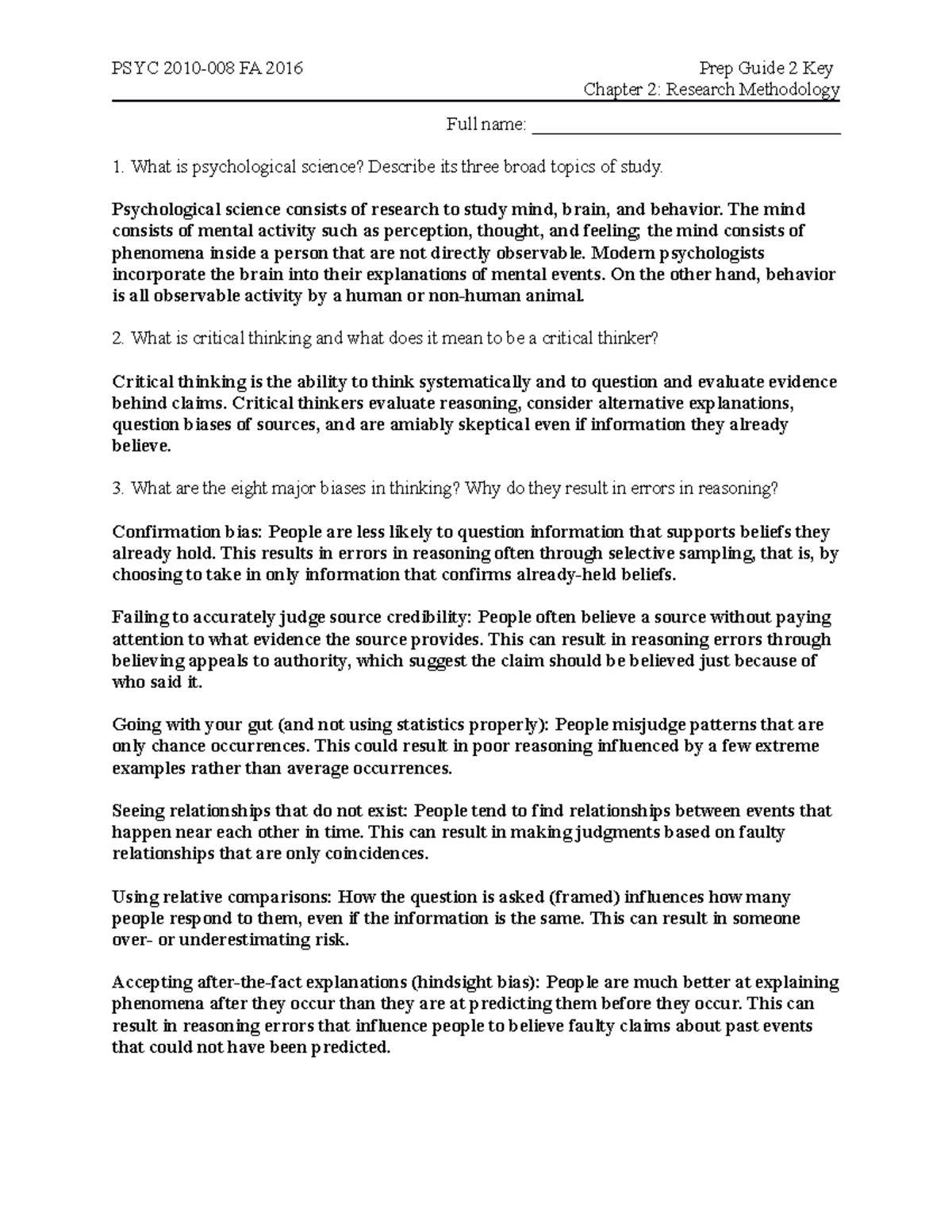 Prep Guide 1 Key - Chapter 2: Research Methodology Full name