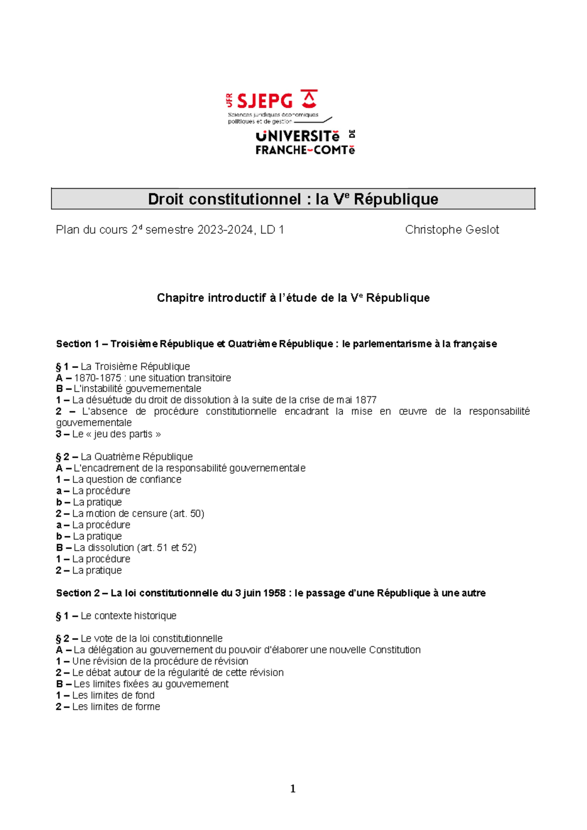 PLAN Cours - S 2 - 2023-2024 - Droit constitutionnel : la V e République Plan du cours 2d ...