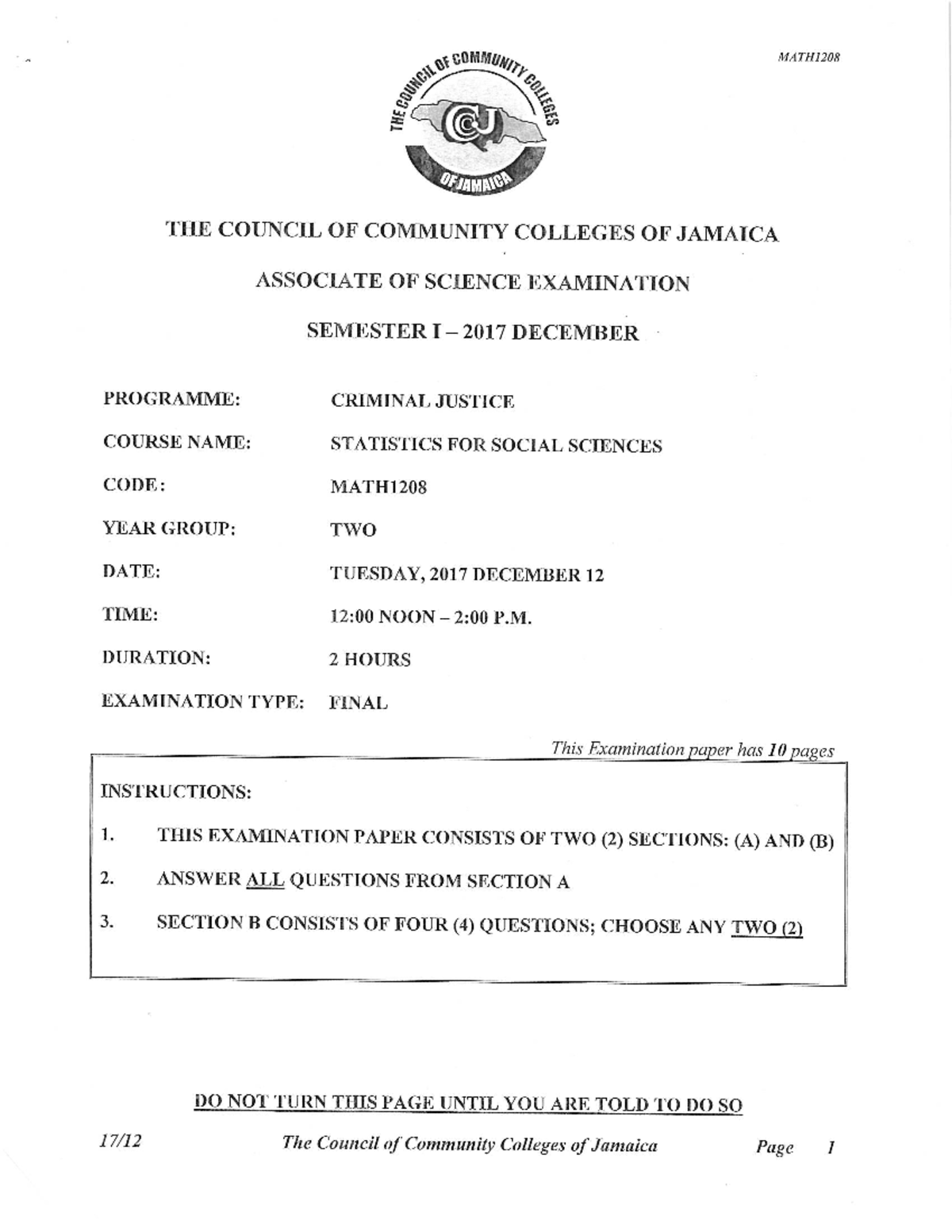 Statistics for Social Sciences Dec 2017 - College Mathematics 1A - Studocu