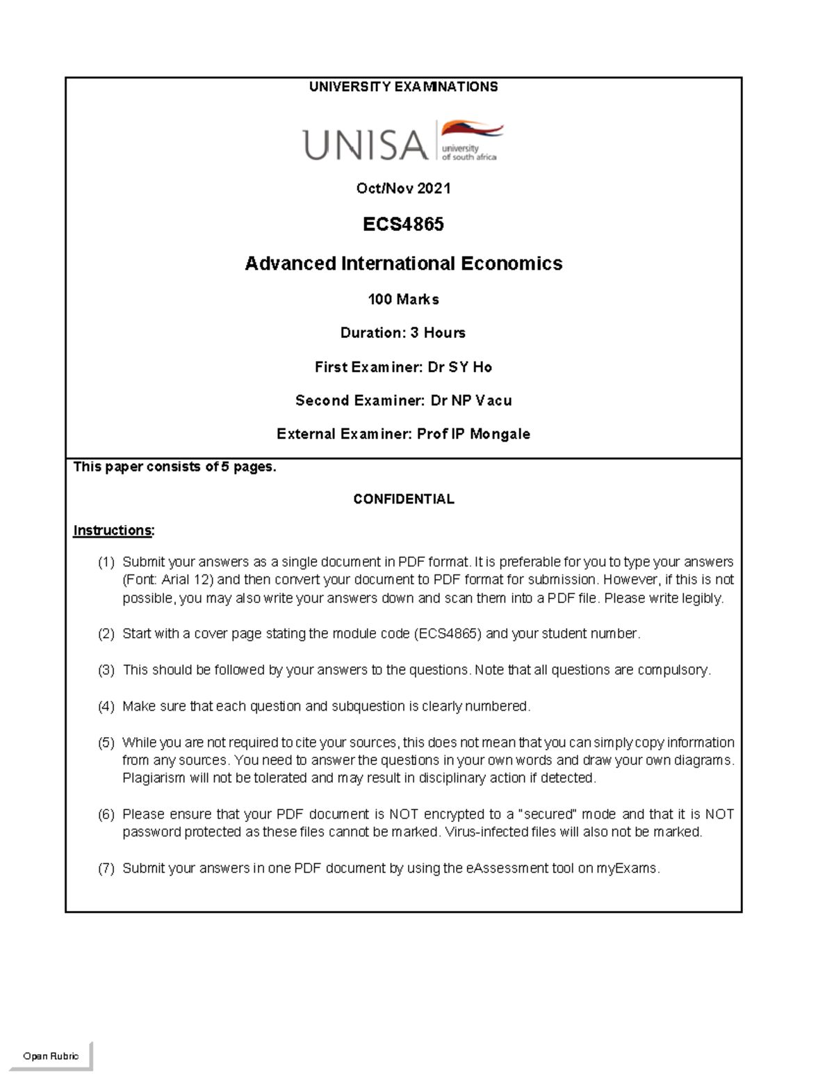 ECS4865 Oct Nov 2021 Exam Paper 231019 120629 - UNIVERSITY EXAMINATIONS Oct/Nov 2021 ECS ...