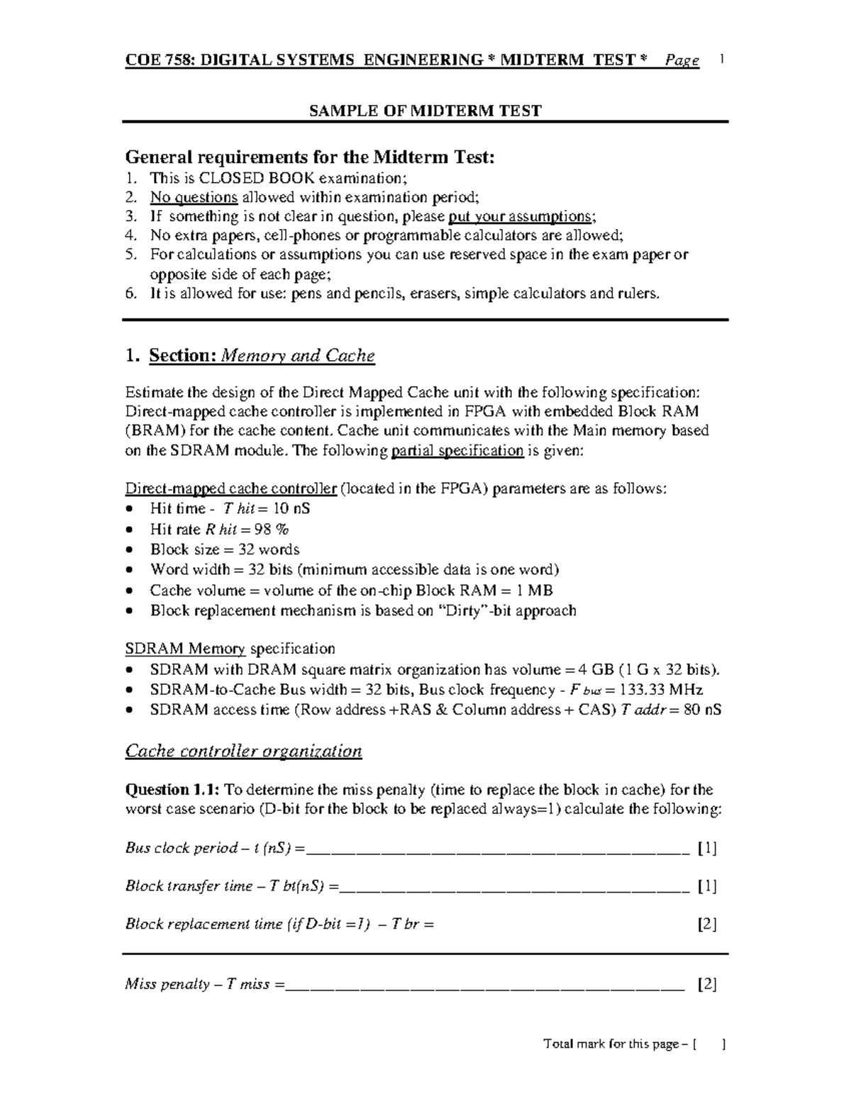 COE758MT Sample - COE 758: DIGITAL SYSTEMS ENGINEERING * MIDTERM TEST ...