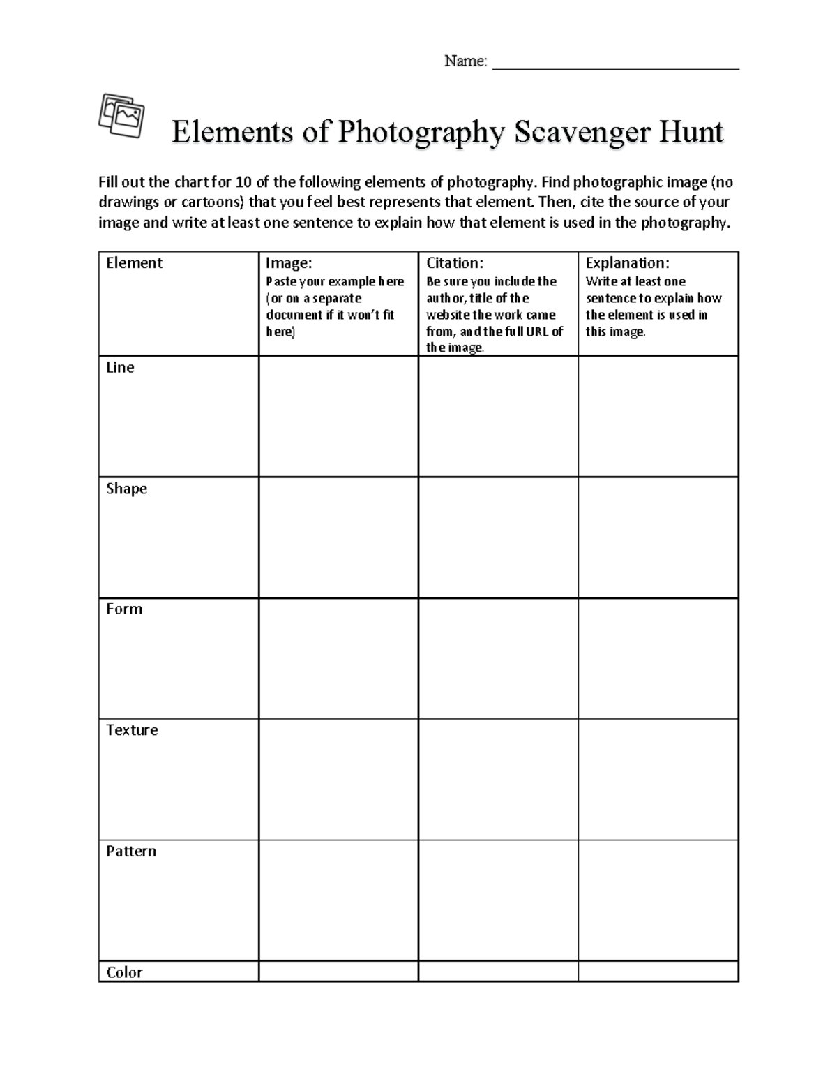Elements of Photography Scavenger Hunt - Name ...