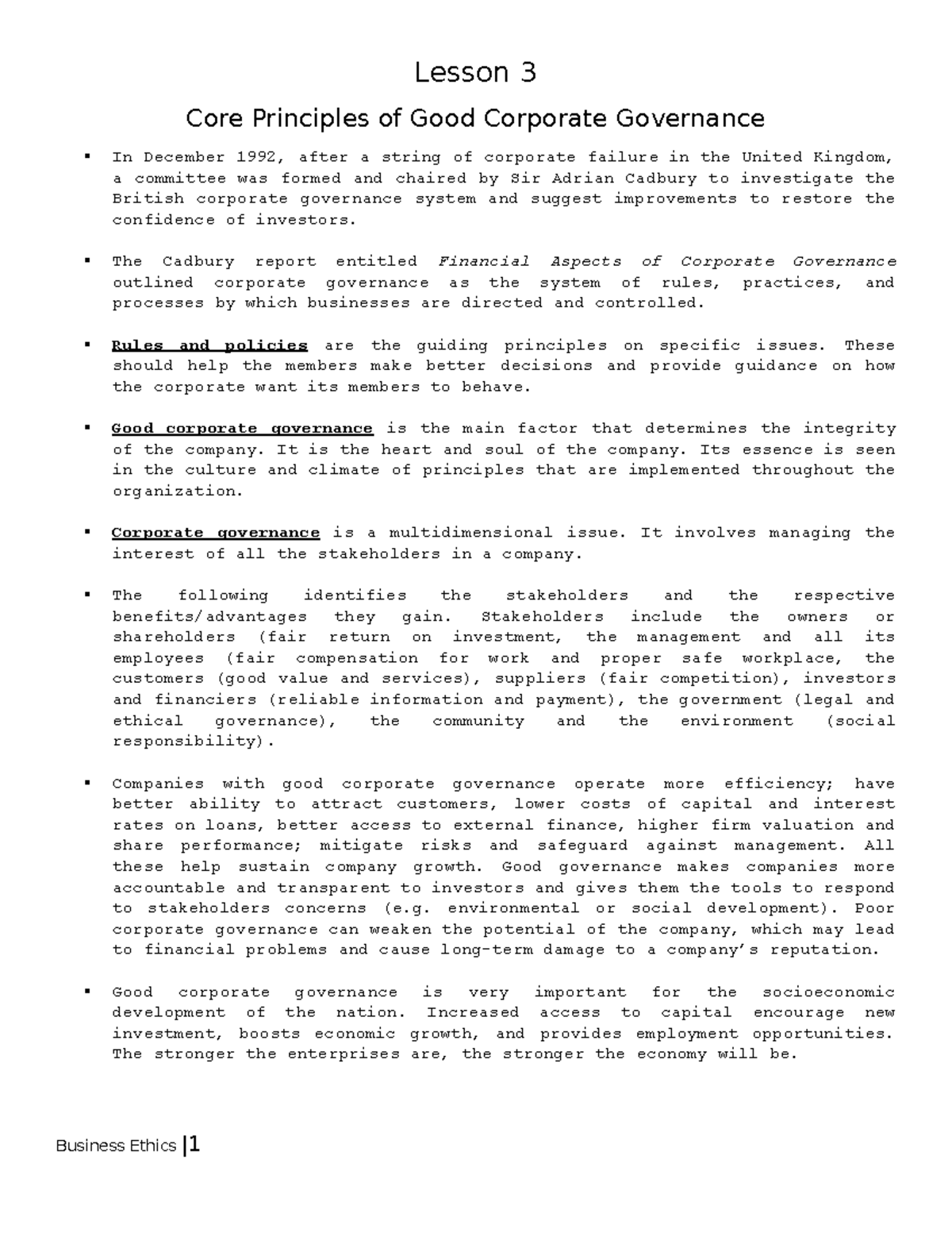 Business- Ethics- Reviewer - Lesson 3 Core Principles of Good Corporate ...