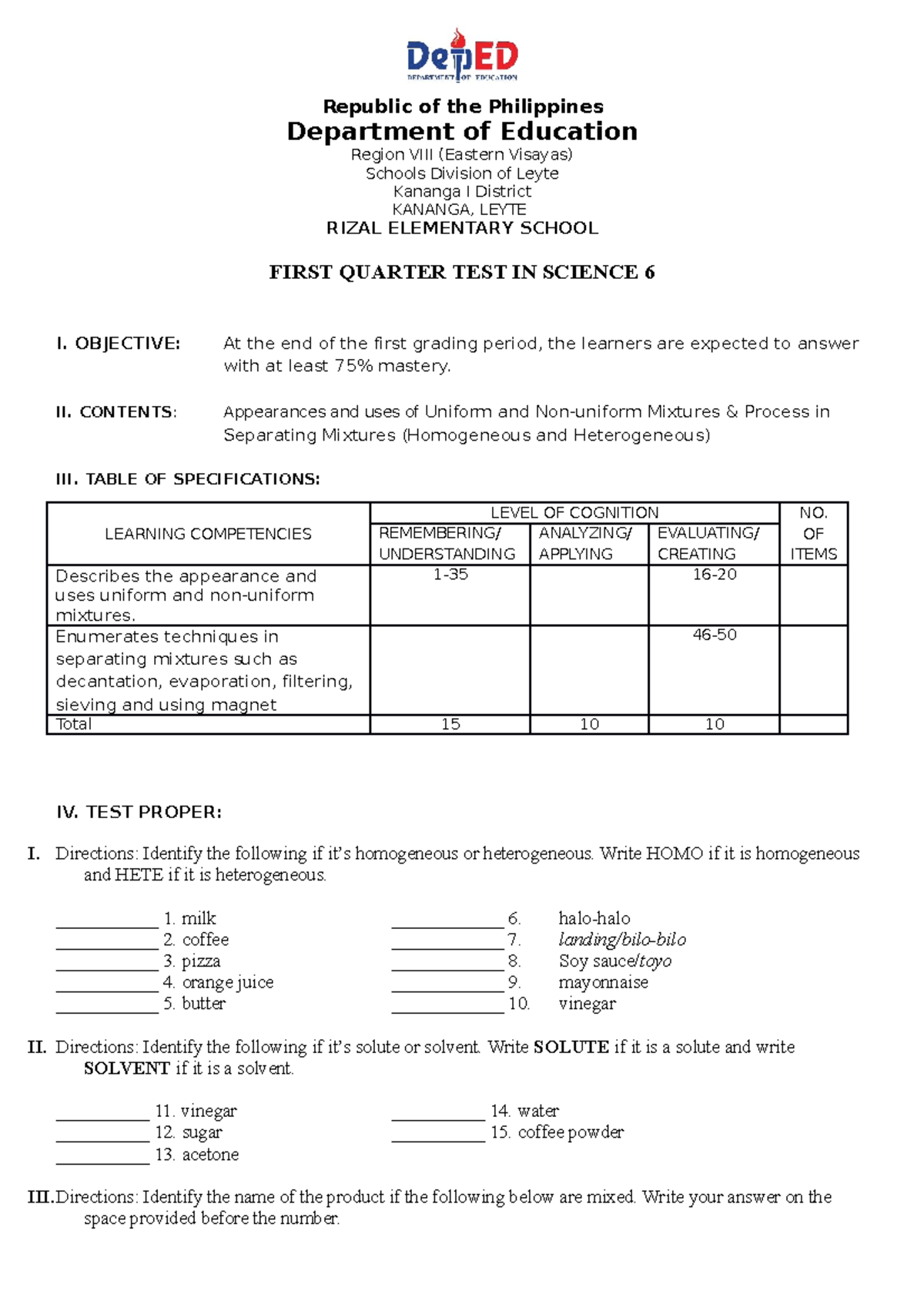 1st periodical exam in science 6 - Republic of the Philippines ...