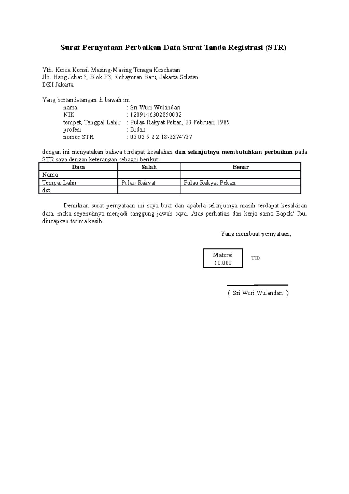 Format Surat Pernyataan Perbaikan Data Sri Wuri Wulandari - Surat Pernyataan Perbaikan Data ...
