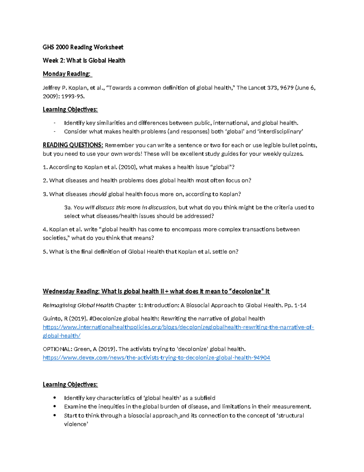 Week 2 Worksheet - GHS 2000 Reading Worksheet Week 2: What is Global Health Monday Reading ...