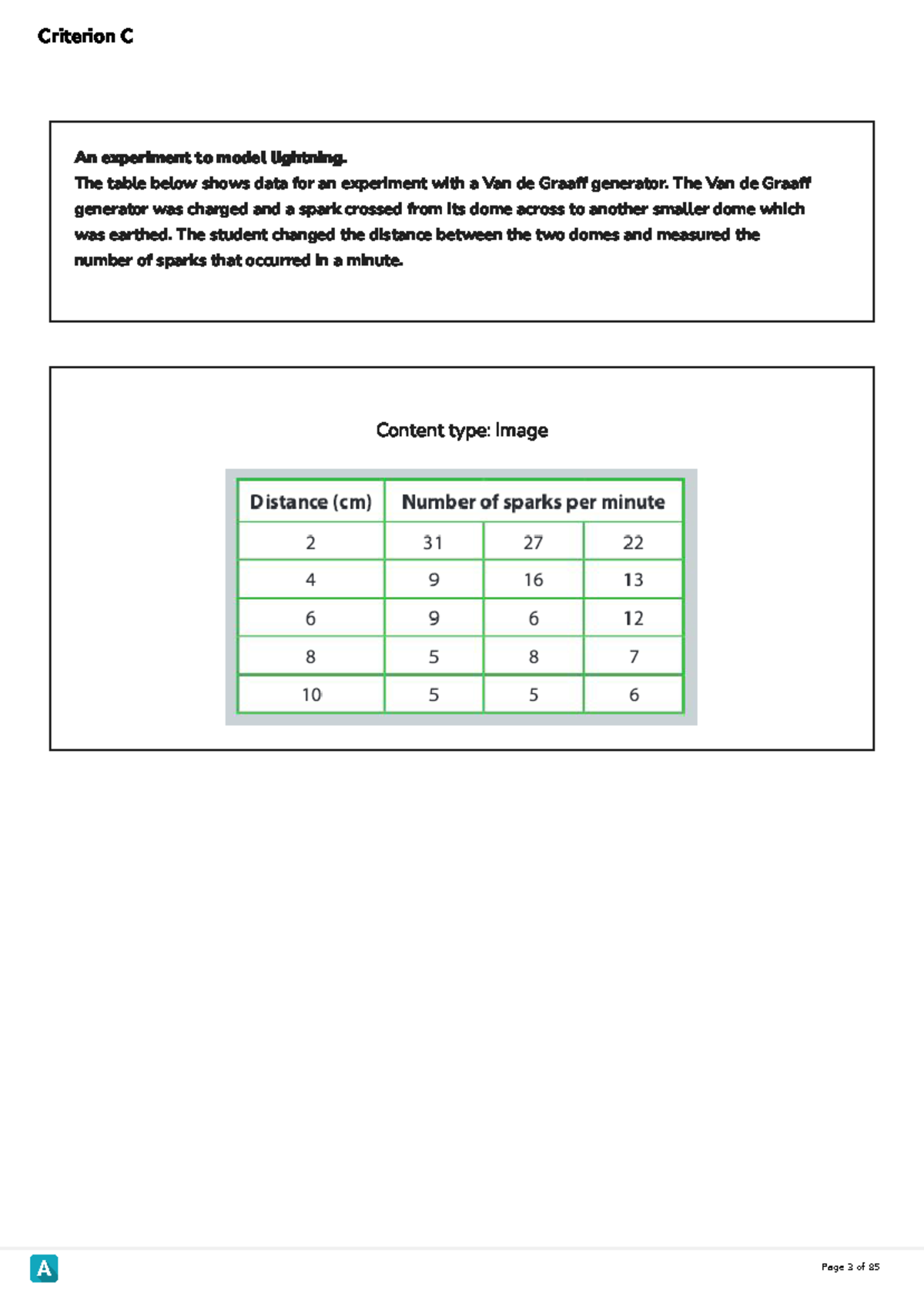 Bc practice 2 - crftierion b/c report - Criterion C An experiment to model lightning. The table ...