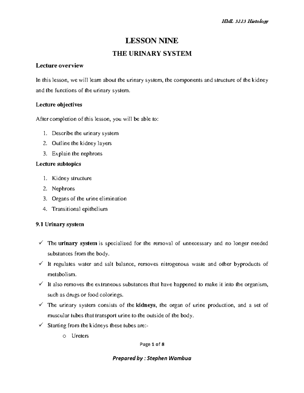 Lesson 9 Urinary System - Page 1 of 8 LESSON NINE THE URINARY SYSTEM ...
