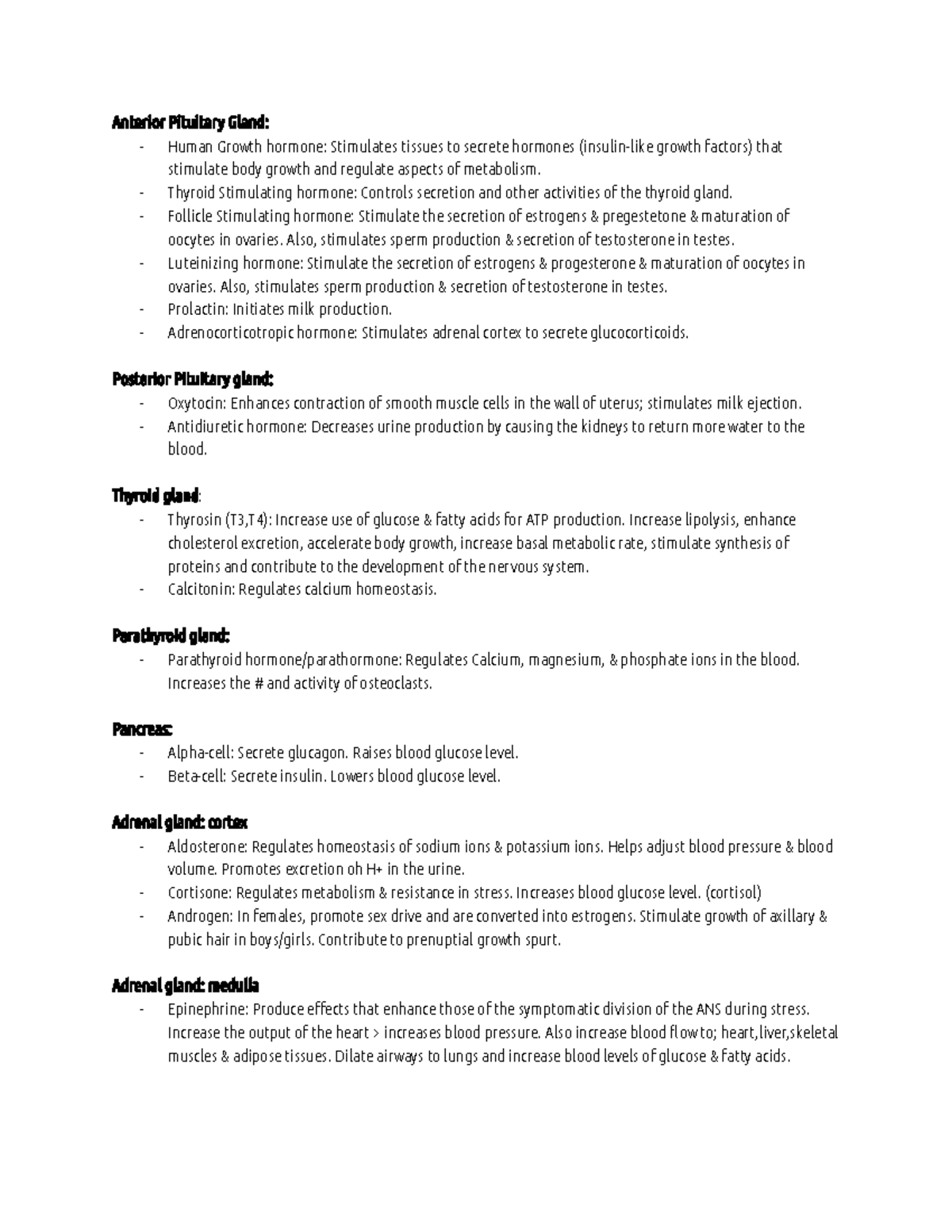 Assignment 3 bio - chart, information, key points - Anterior Pituitary ...