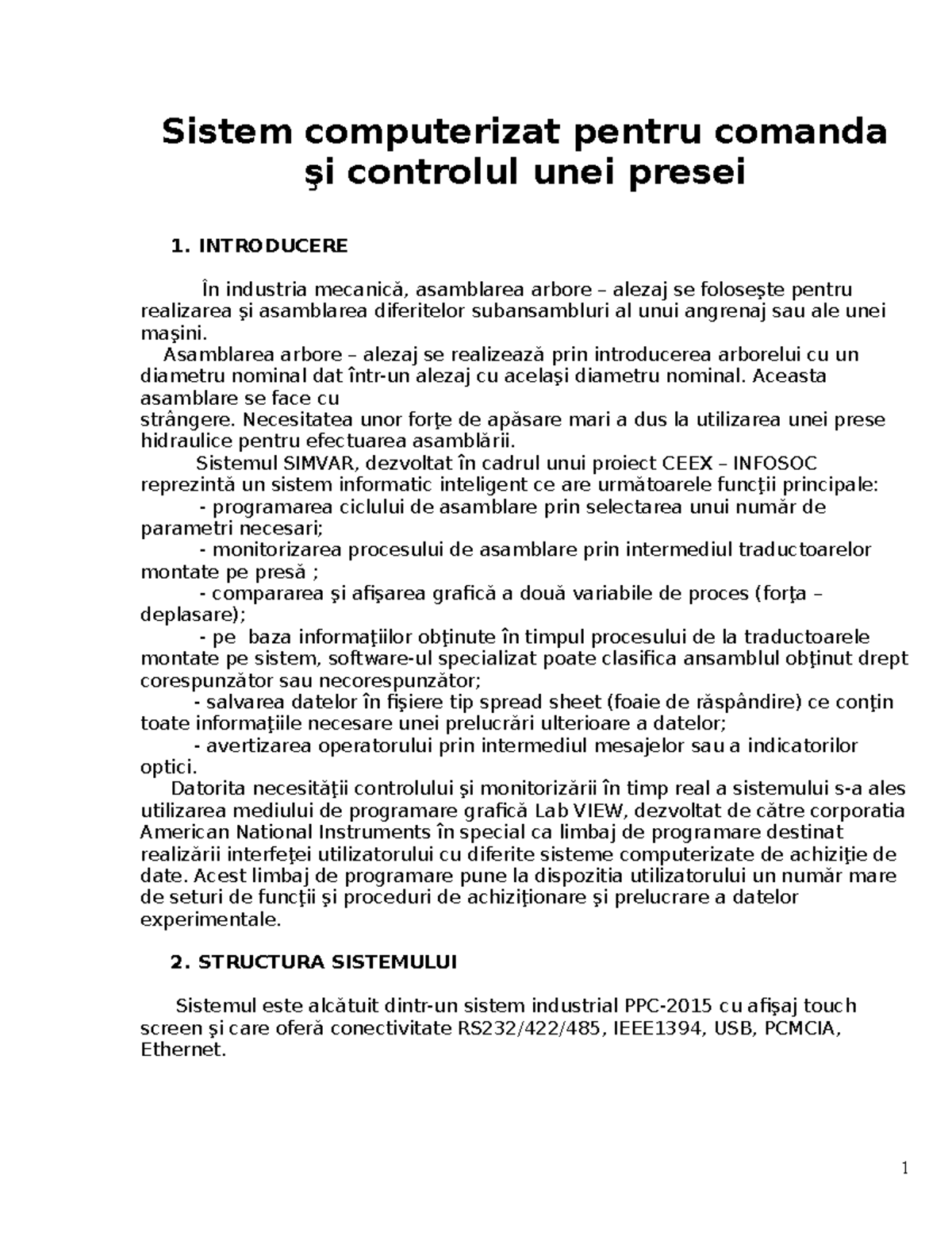 Sistem Computerizat Pentru Comanda si Controlul unei Presei - Sistem ...