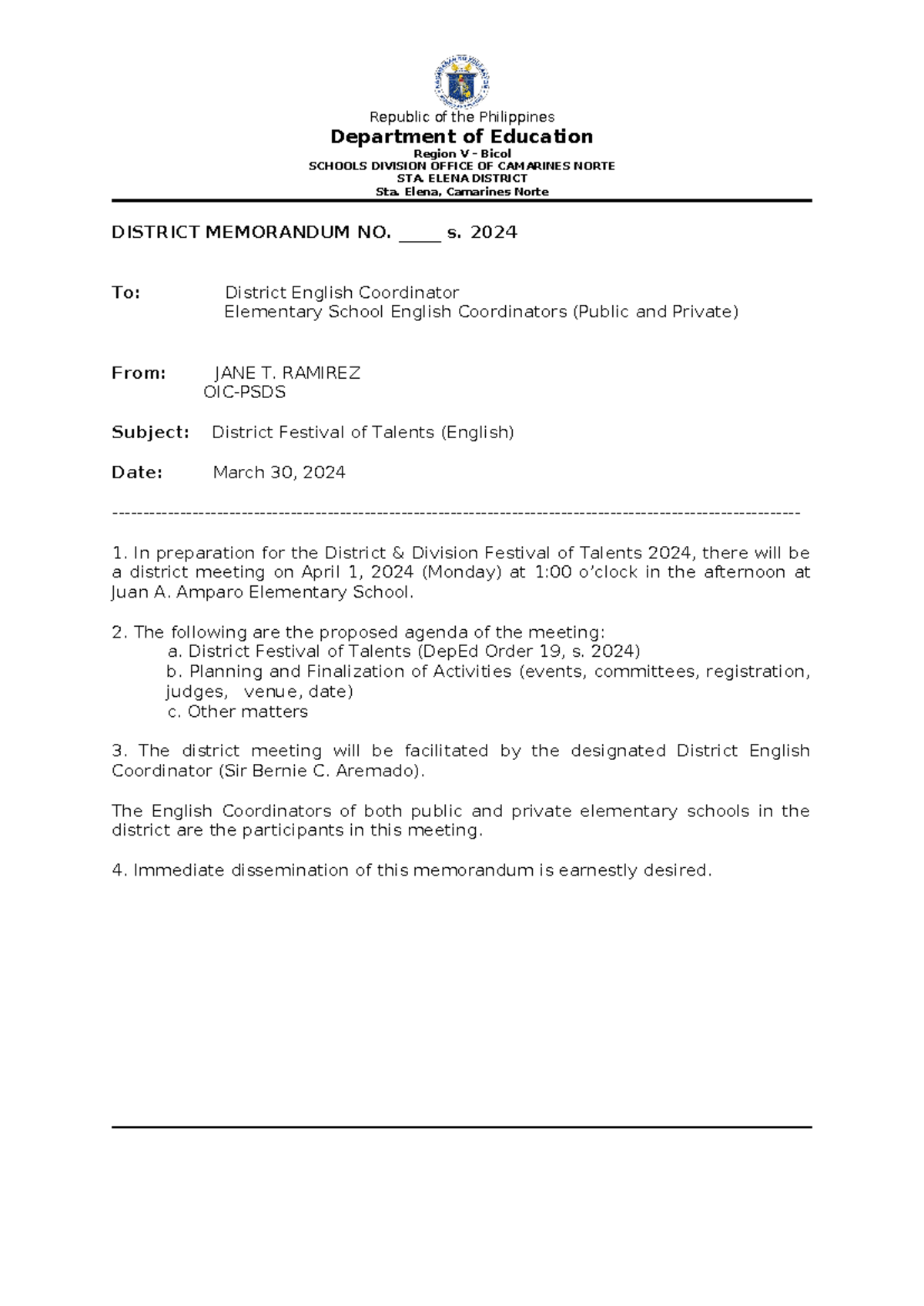 District Memo-Request for Meeting - Republic of the Philippines ...