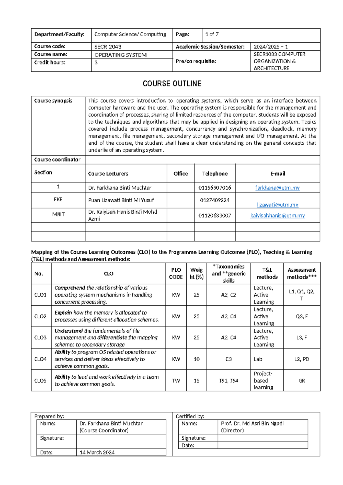 C1 SECR2043 Operating Systems - 20242025-1 (Version 01) - Course code: SECR 2043 Academic - Studocu