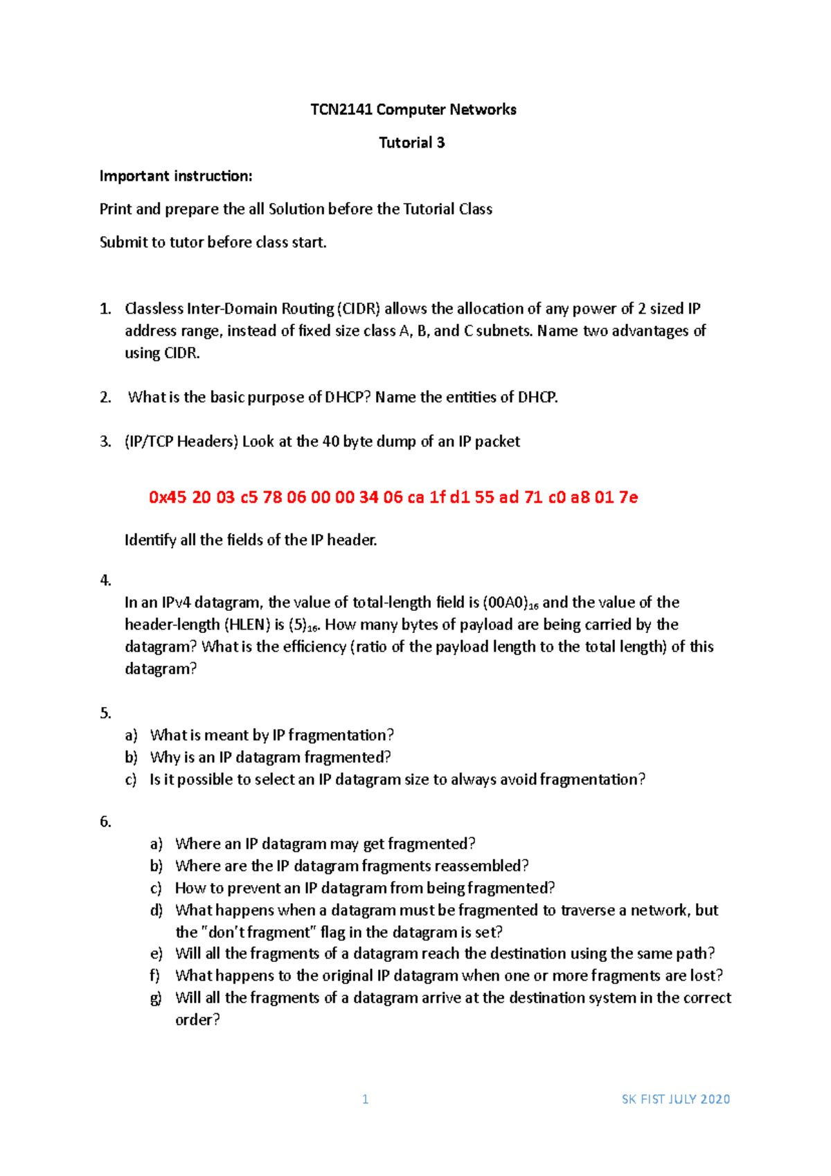 Tutorial 3 Quest - TCN2141 Computer Networks Tutorial 3 Important ...