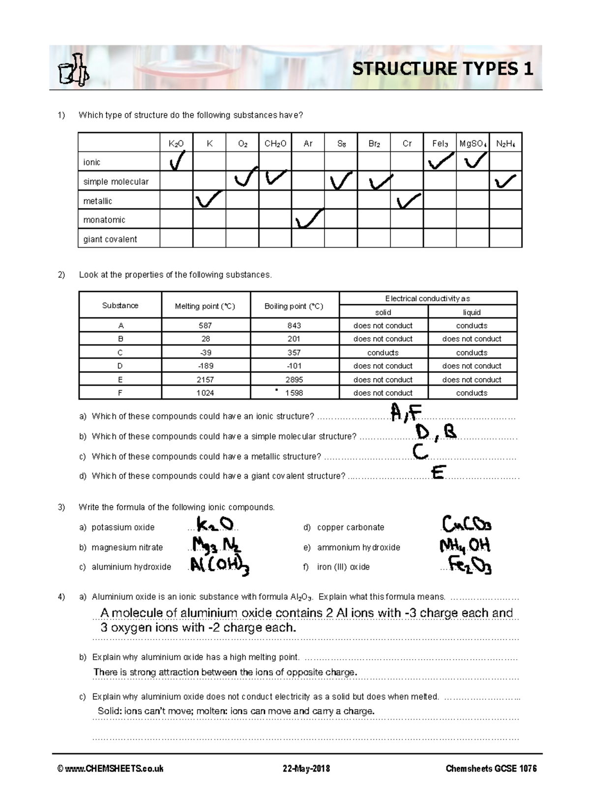 Chemsheets GCSE Structure Types Homework - © CHEMSHEETS.co 22 - May ...
