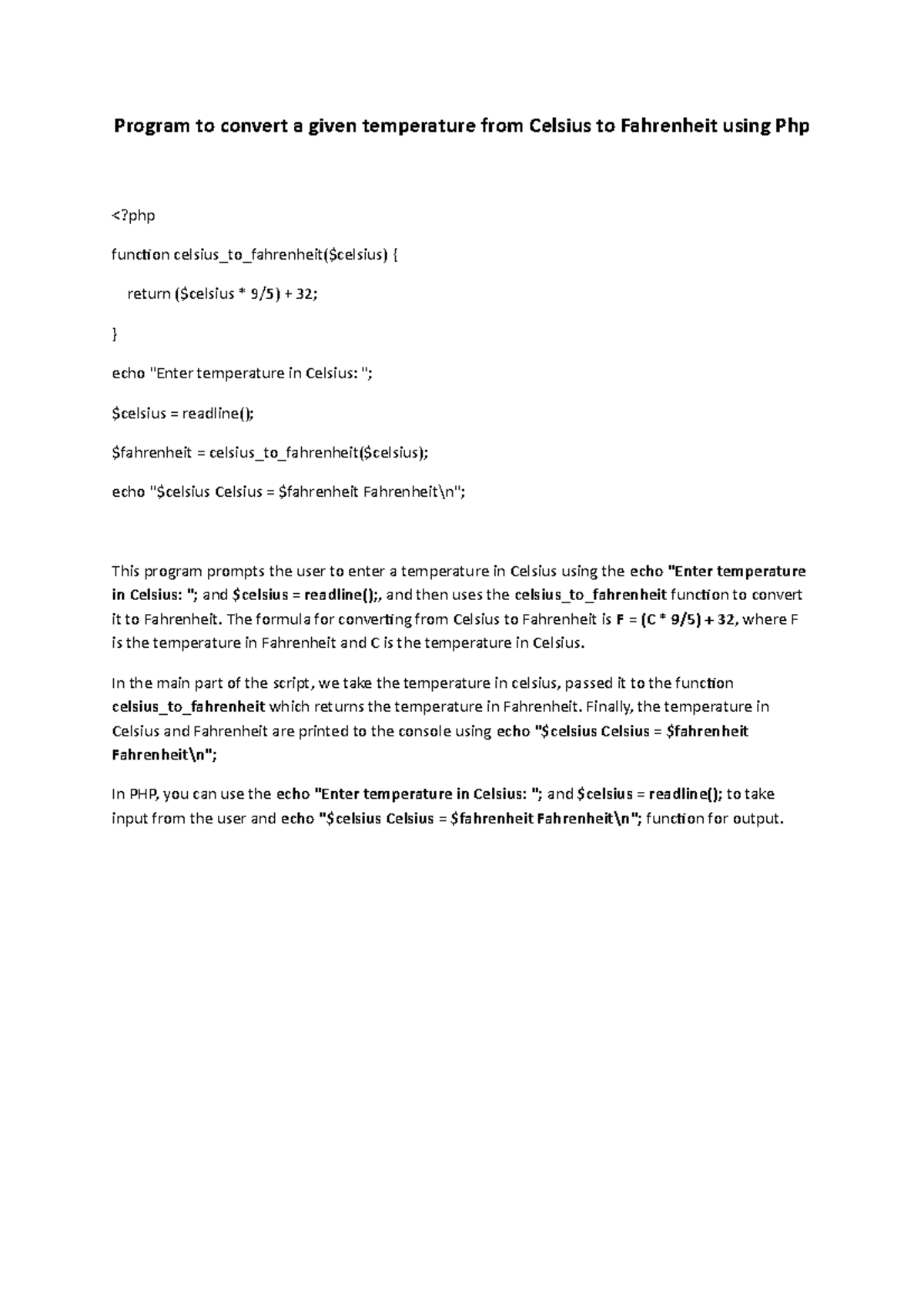 Celsius To Fahreniet Php Program To Convert A Given Temperature From