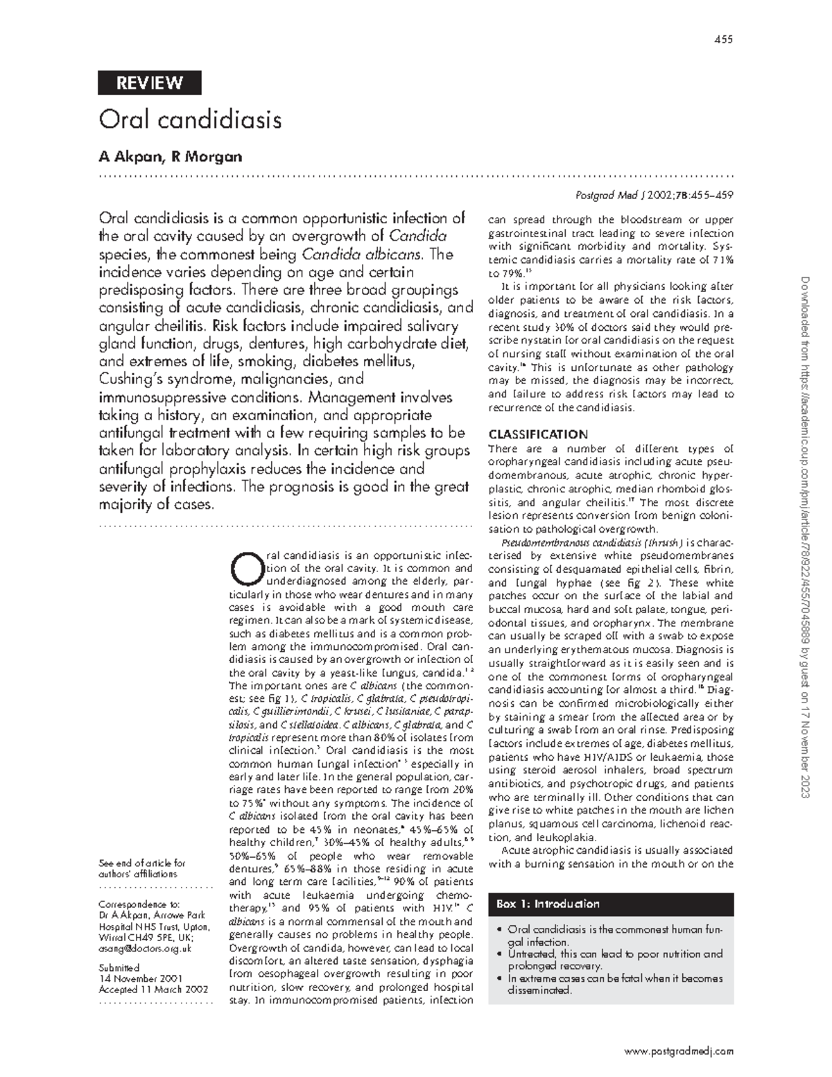 Candidiasis - LIBRO - REVIEW Oral candidiasis A Akpan, R Morgan - Studocu