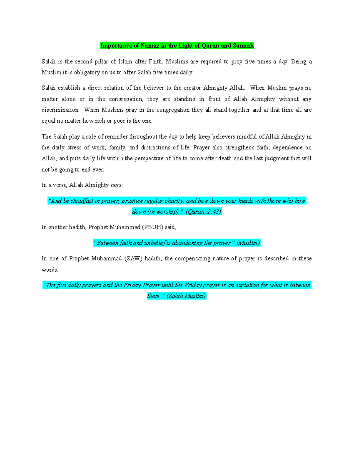 Islamic Studies Assignment - Importance of Namaz in the Light of Quran ...