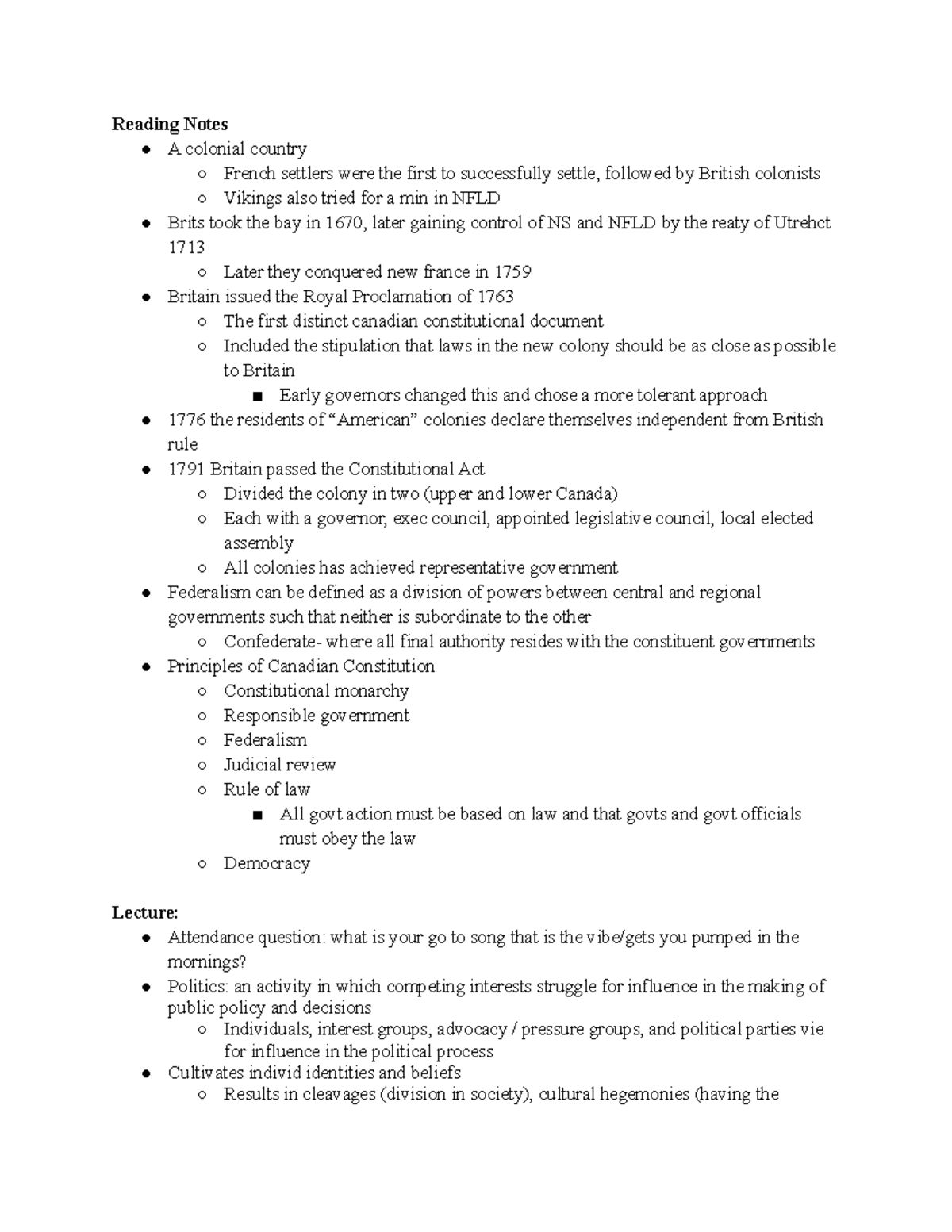 Chapter 1 and 2 - Reading Notes A colonial country French settlers were ...