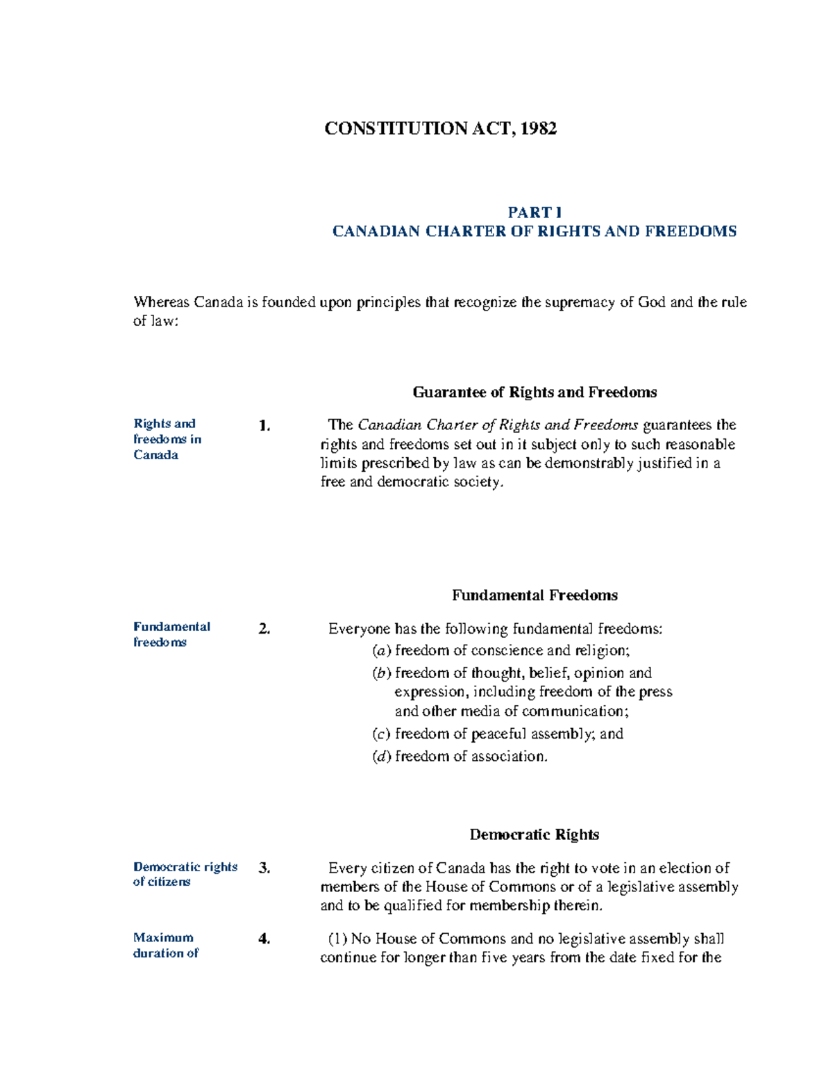 Constitution Act 1982 - notes - CONSTITUTION ACT, 1982 PART I CANADIAN ...