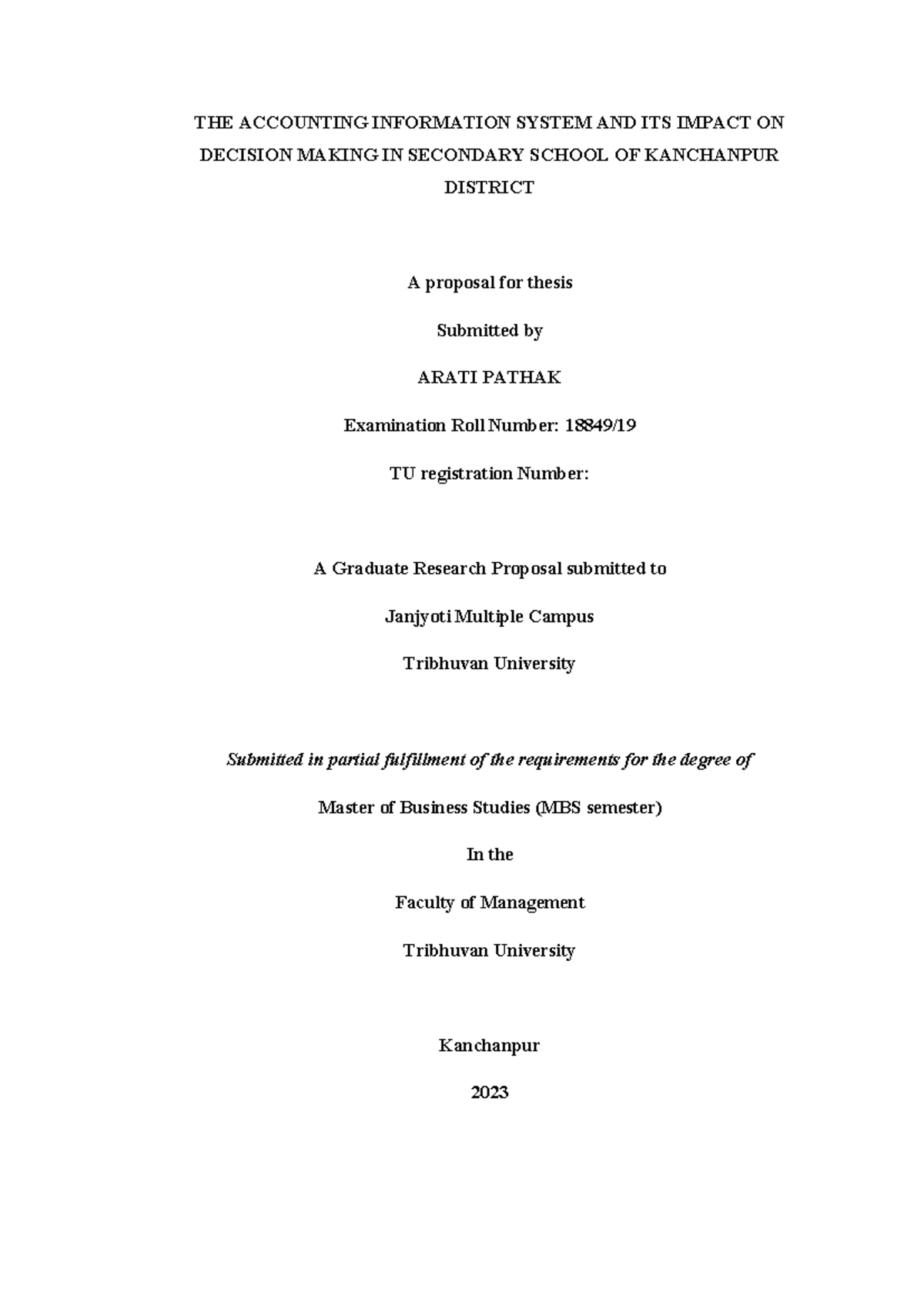 Proposal - MBS, MPA, - THE ACCOUNTING INFORMATION SYSTEM AND ITS IMPACT ...