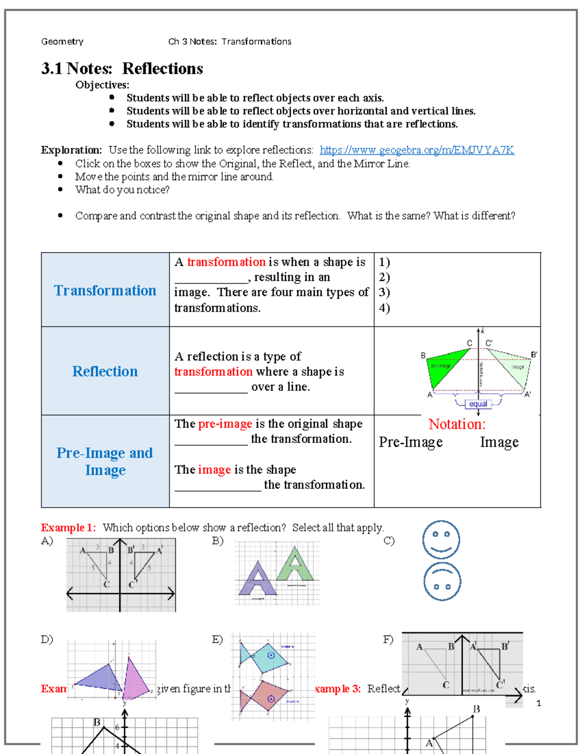 Geom Ch 3 Notes - 3 Notes: Reflections Objectives: Students will be ...