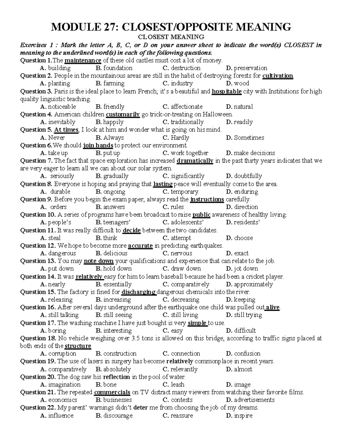 Module 27 Opposite AND Closest Meaning - MODULE 27: CLOSEST/OPPOSITE ...