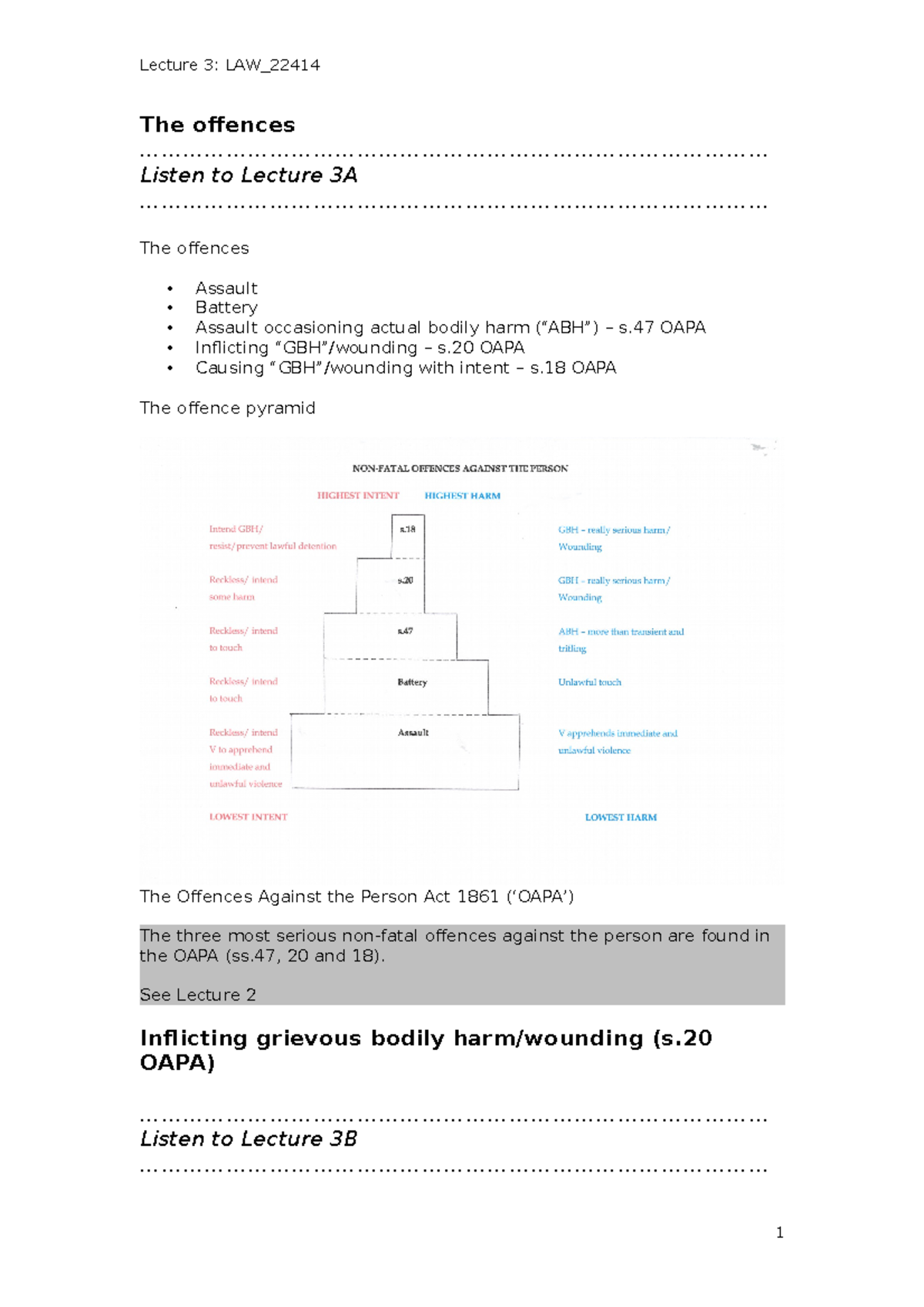 Lecture 3 Outline, Criminal Law - The offences - Studocu