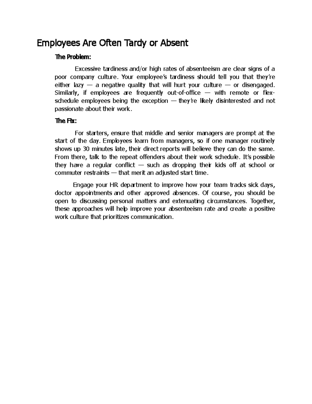 Employees Are Often Tardy or Absent - Your employee’s tardiness should ...