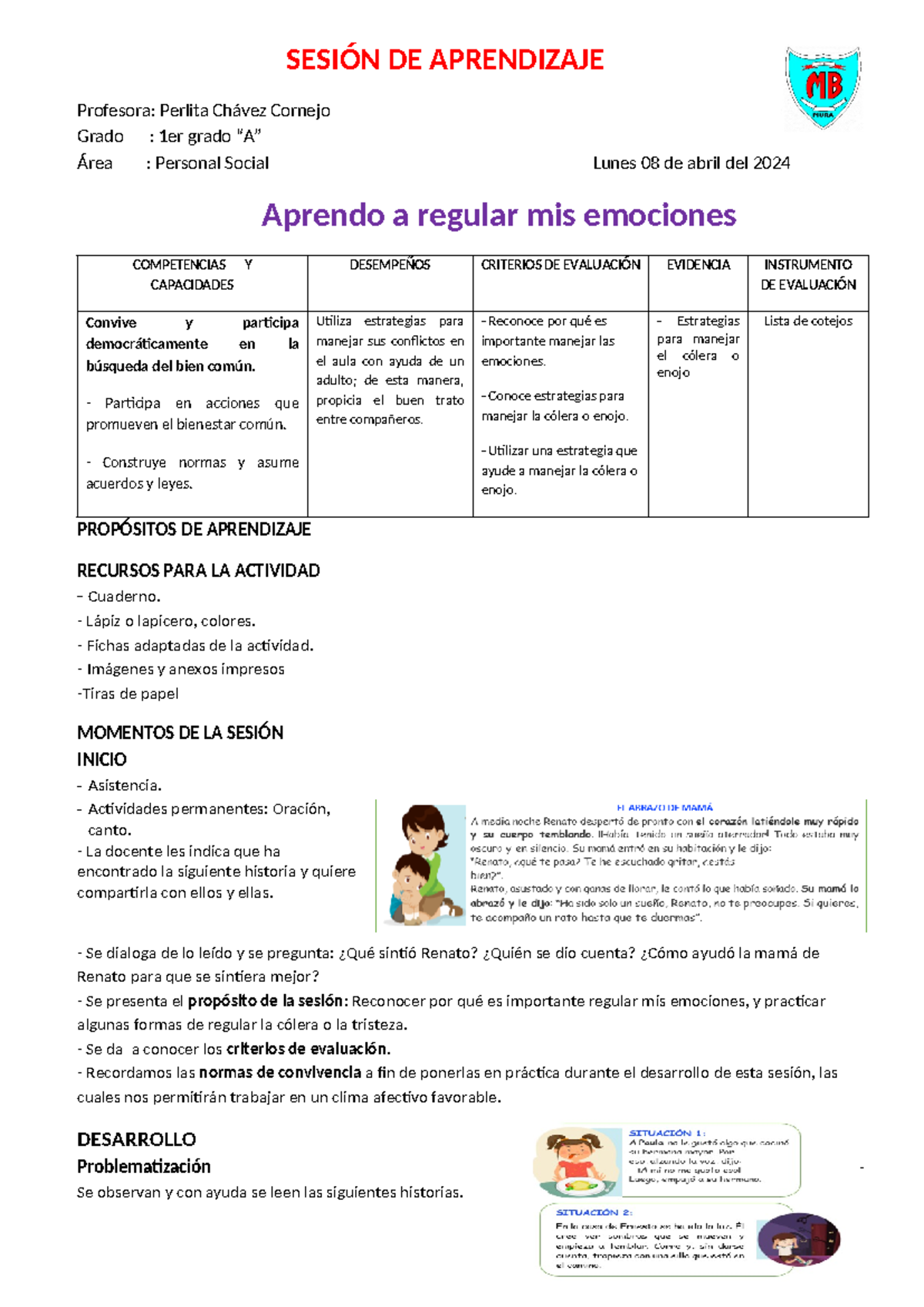 Sesion DE Personal Social Aprendo A Regular MIS Emociones 08-04-2024 - SESIÓN DE APRENDIZAJE ...