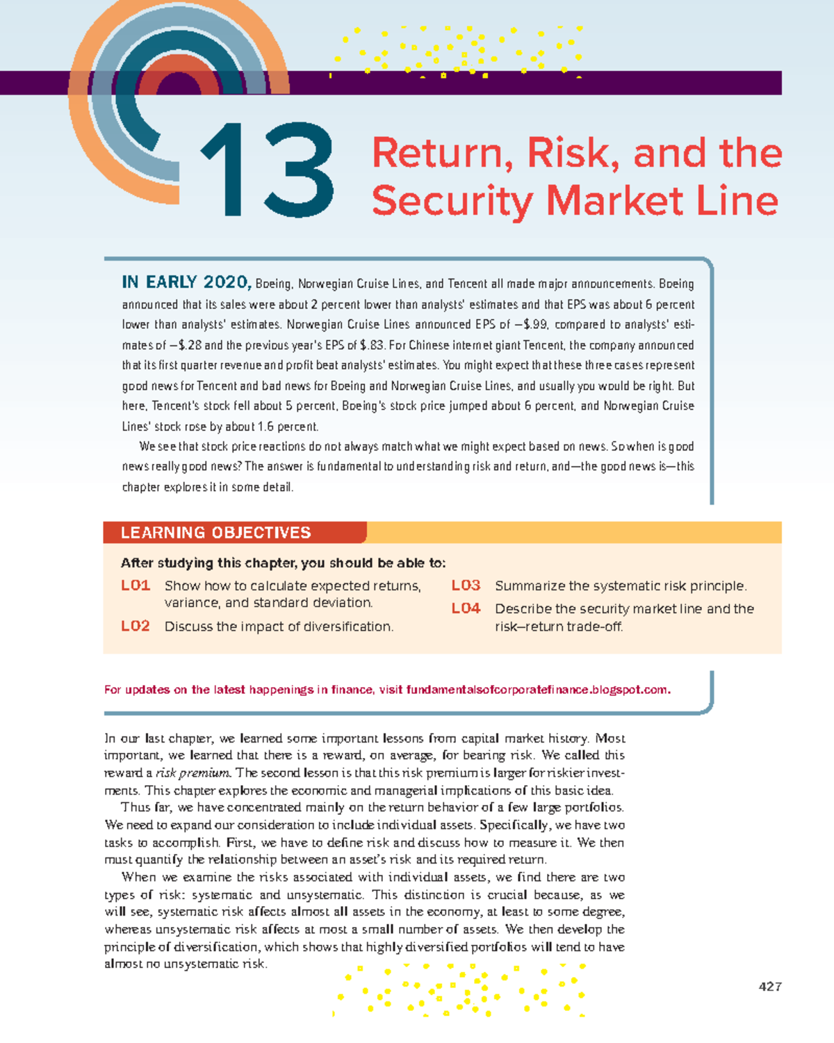 Chapter 13-Return, Risk - 427 In our last chapter, we learned some ...