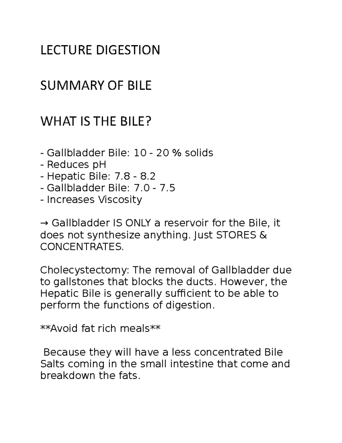 Lecture Digestion - 09 - LECTURE DIGESTION SUMMARY OF BILE WHAT IS THE ...