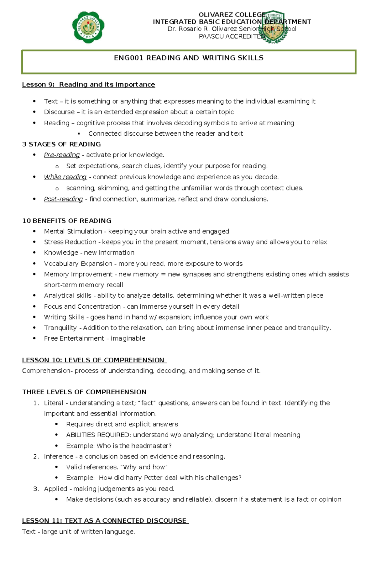 Reviewer ENG001 - Lesson 9: Reading and its Importance Lesson 10 ...