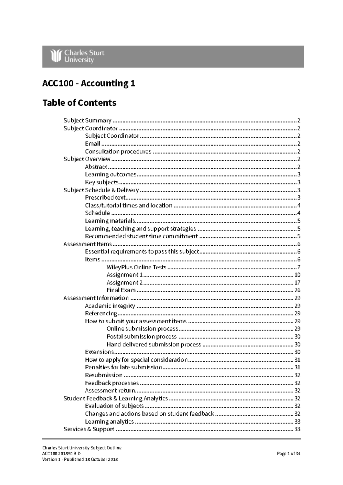 ACC100 Unit Outline - ACC100 Accounting 1 Table of Contents Subject ...