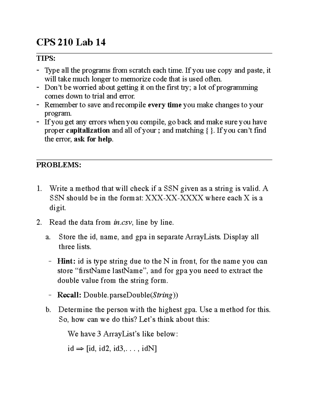 Lab 14 - Lab 14 - CPS 210 Lab 14 TIPS: - Type all the programs from ...
