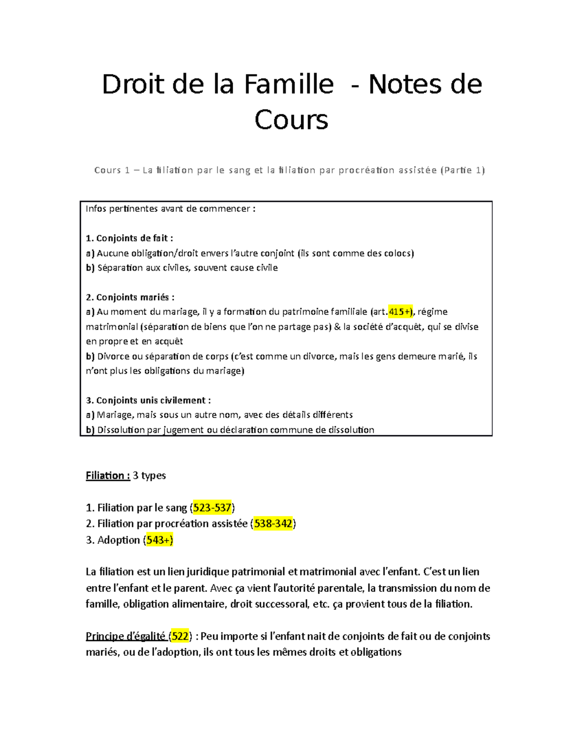 Note de cours - Droit de la Famille - Notes de Cours Cours 1 – La ...