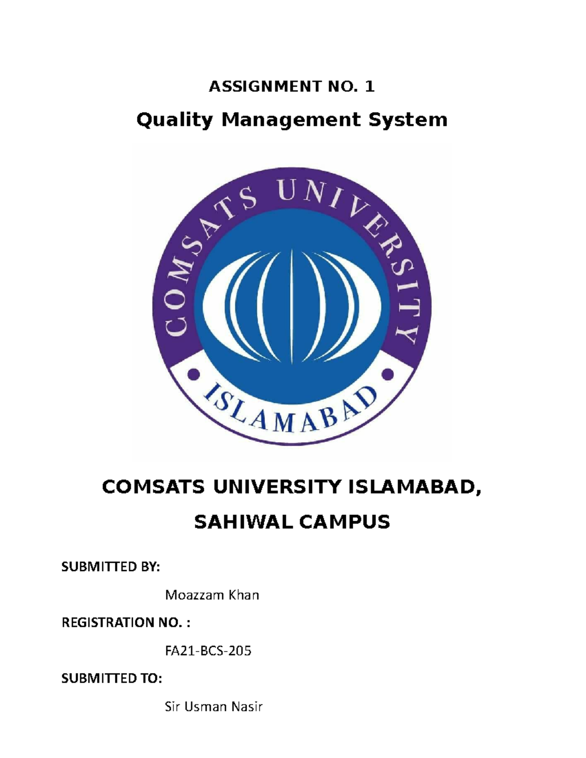 Assignment NO - asdasdasdasdasdasd - ASSIGNMENT NO. 1 Quality ...