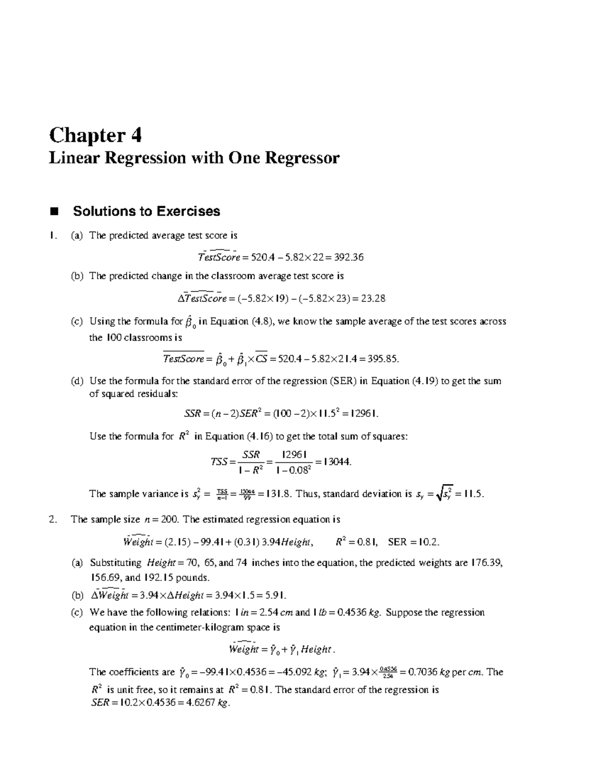 SW 2e ex ch04 - Chapter 4 Linear Regression with One Regressor Solutions to Exercises (a) The ...
