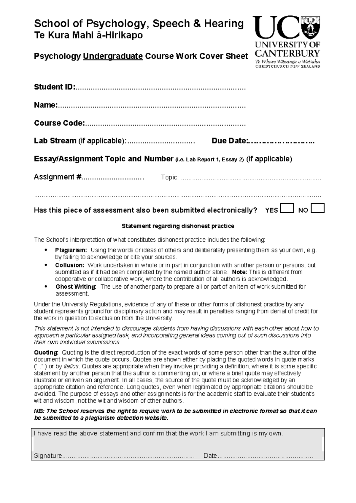 Cover sheet UG updated Jun 2022 - School of Psychology, Speech ...