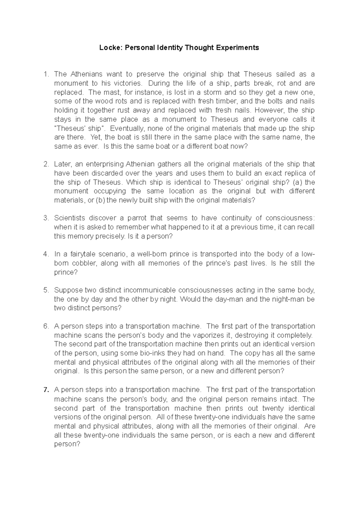 Locke on PI Thought Experiments - Locke: Personal Identity Thought ...