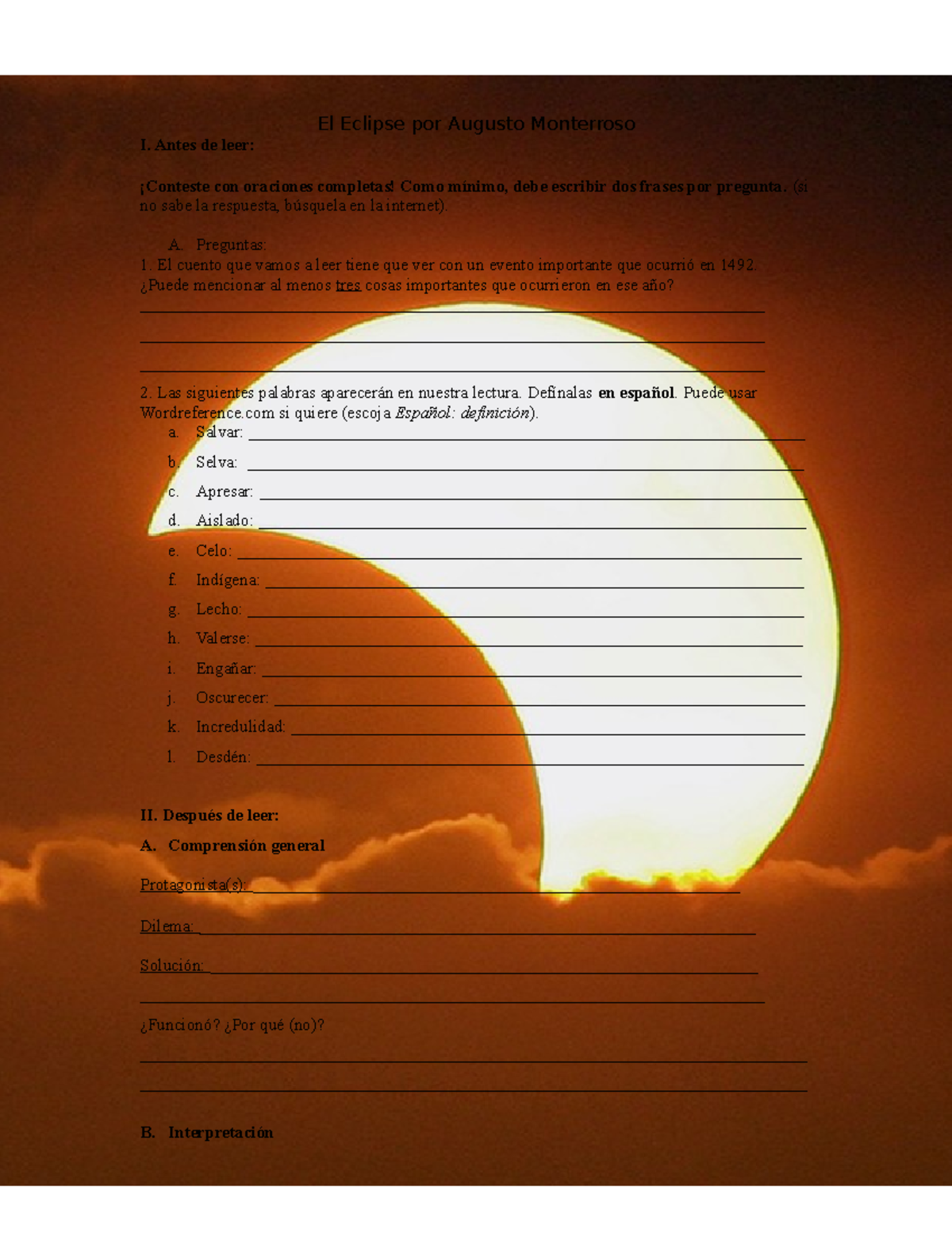 Lectura 4, El eclipse-2 - El Eclipse por Augusto Monterroso I. Antes de ...