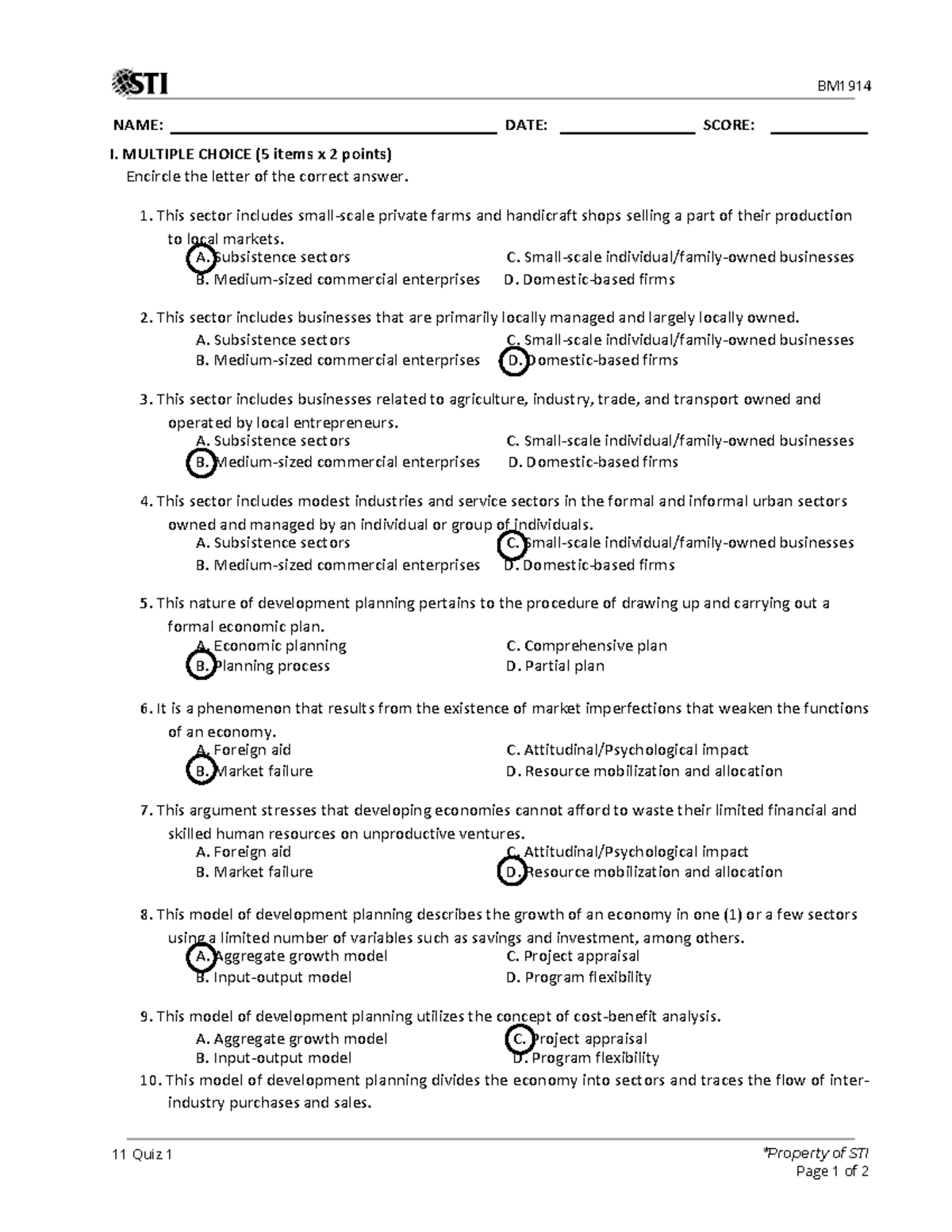 11 Quiz 1 - hello - 11 Quiz 1 Page 1 of 2 BM *Property of STI NAME ...