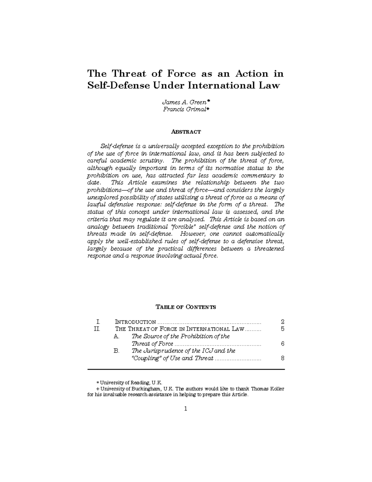 The threat of force as an action in self-defense under international ...