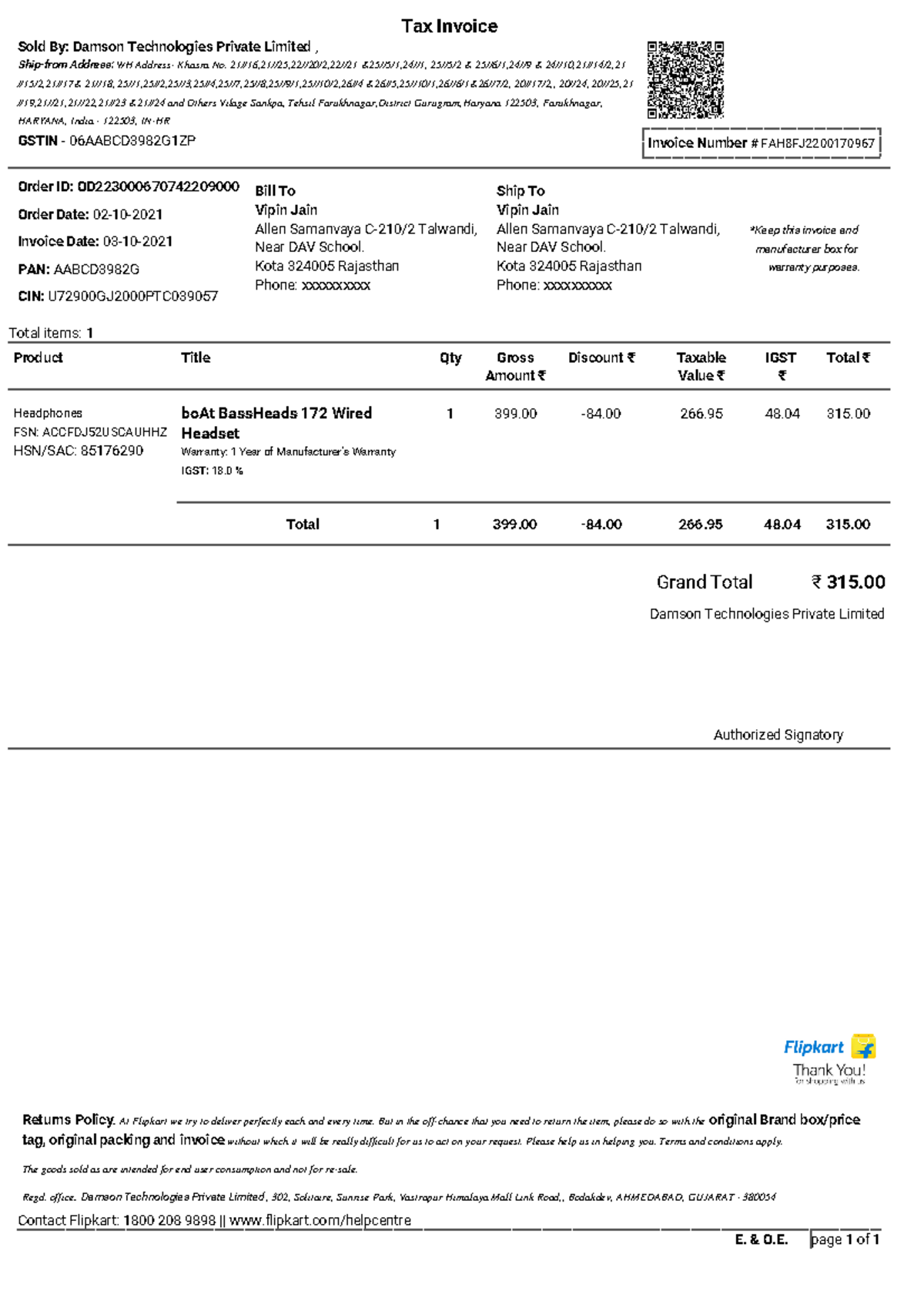 Invoice-8 - asnm - E. & O. page 1 of 1 *Keep this invoice and ...