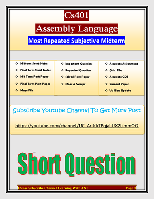 CS401 Midterm Solved MCQS By Junaid - CS401-Assembly Language MID TERM OBJECTIVE Prepared by ...