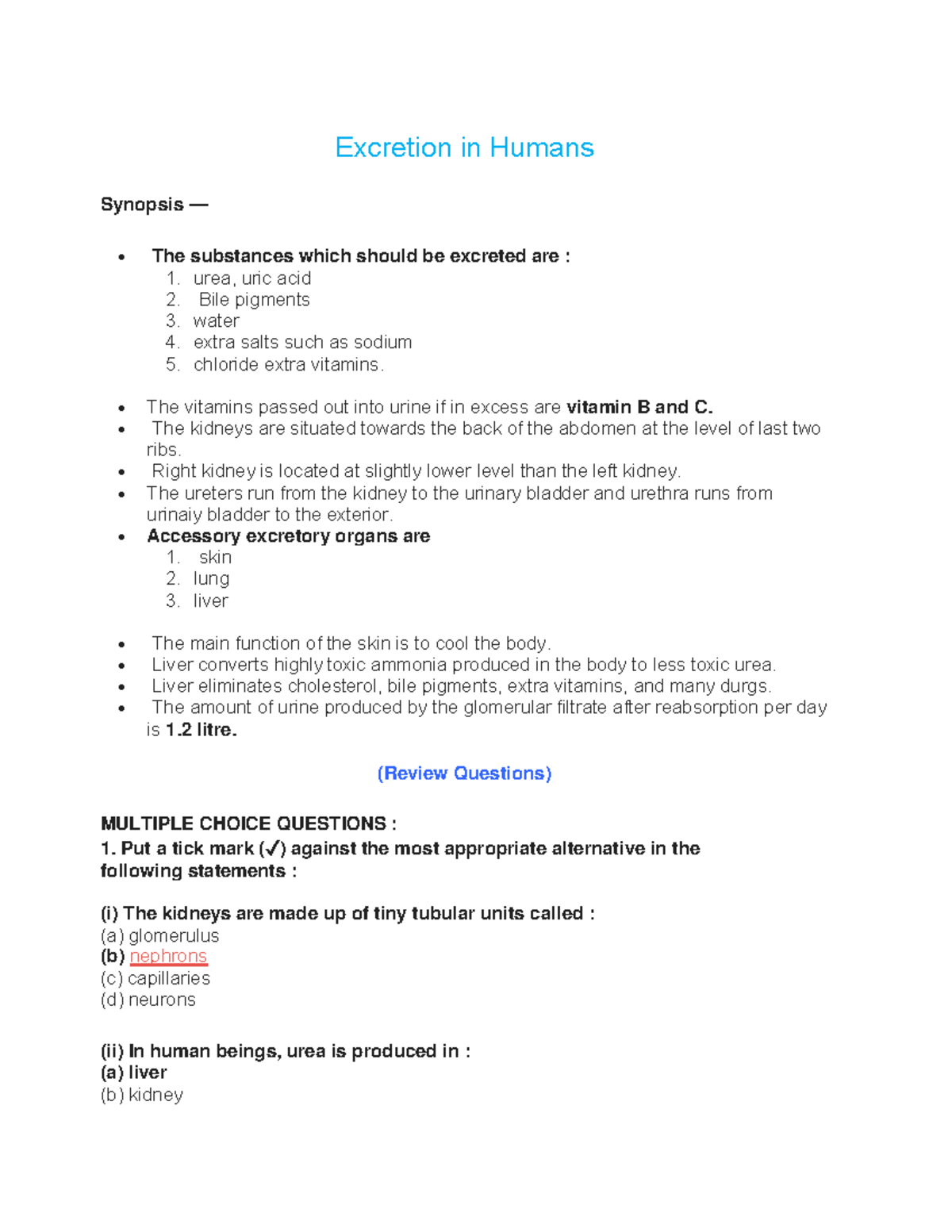 Excretion in Humans - notes - ncertbooksolutions Excretion in Humans ...