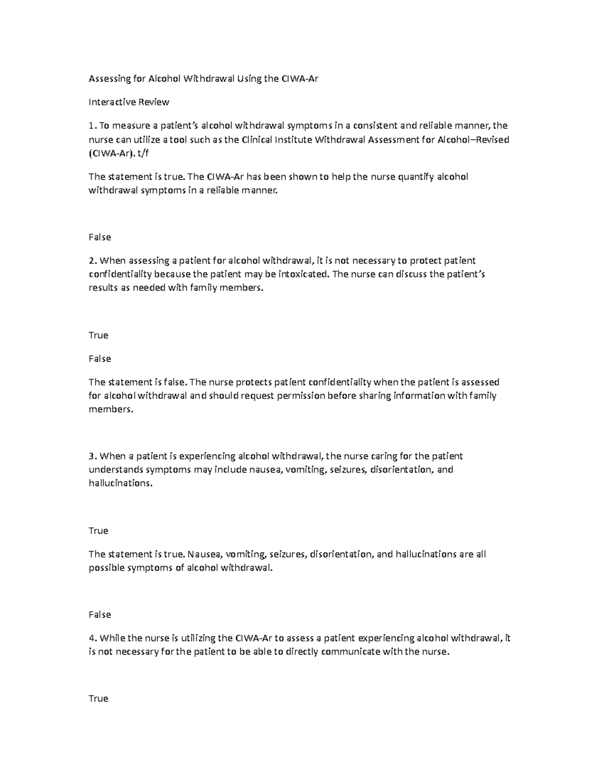 Alcohol withdrawal qns - Assessing for Alcohol Withdrawal Using the ...